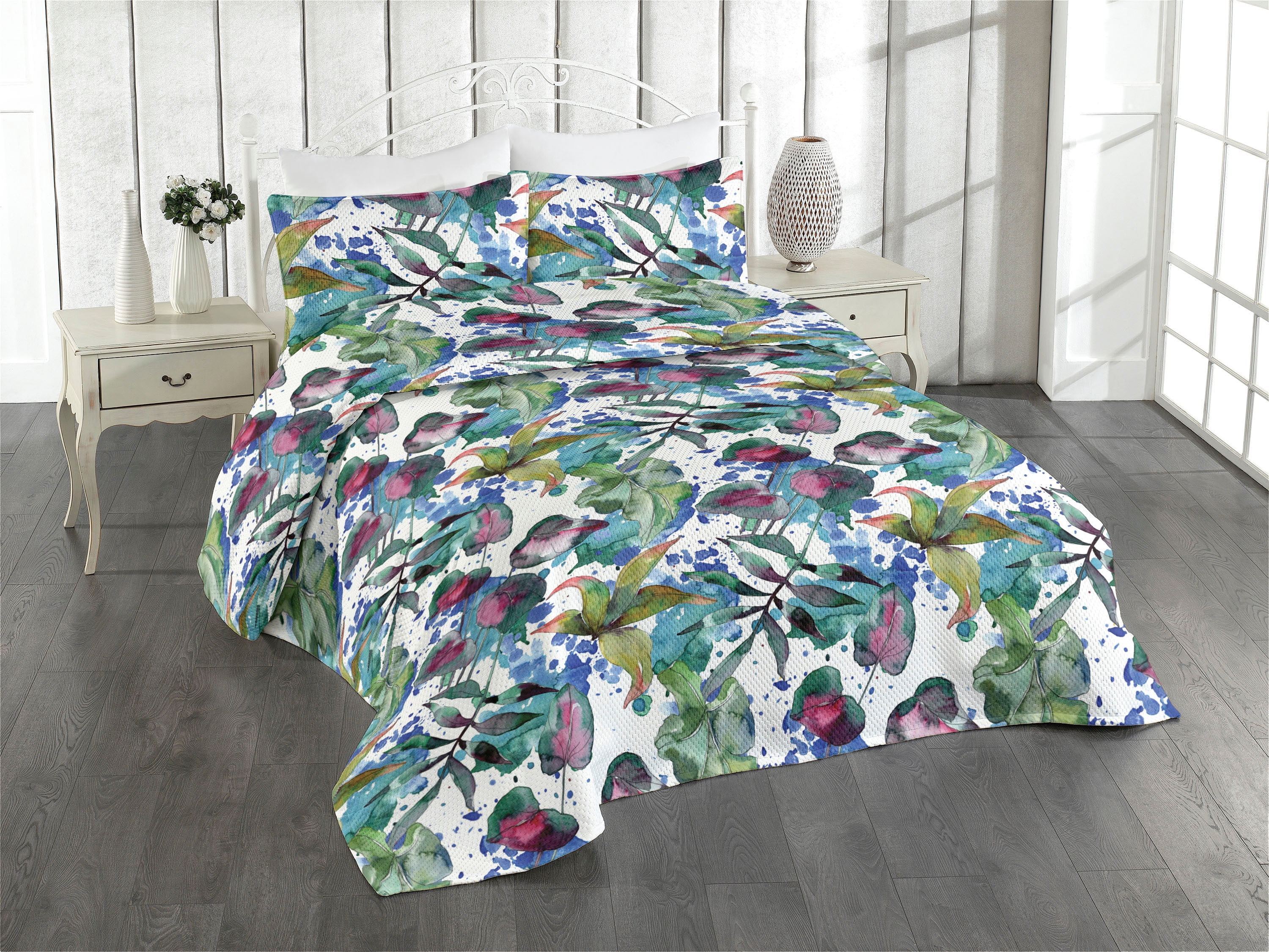 Ambesonne Botanical Quilted Bedspread Set 3 Pcs, Nature Love Leafy ...