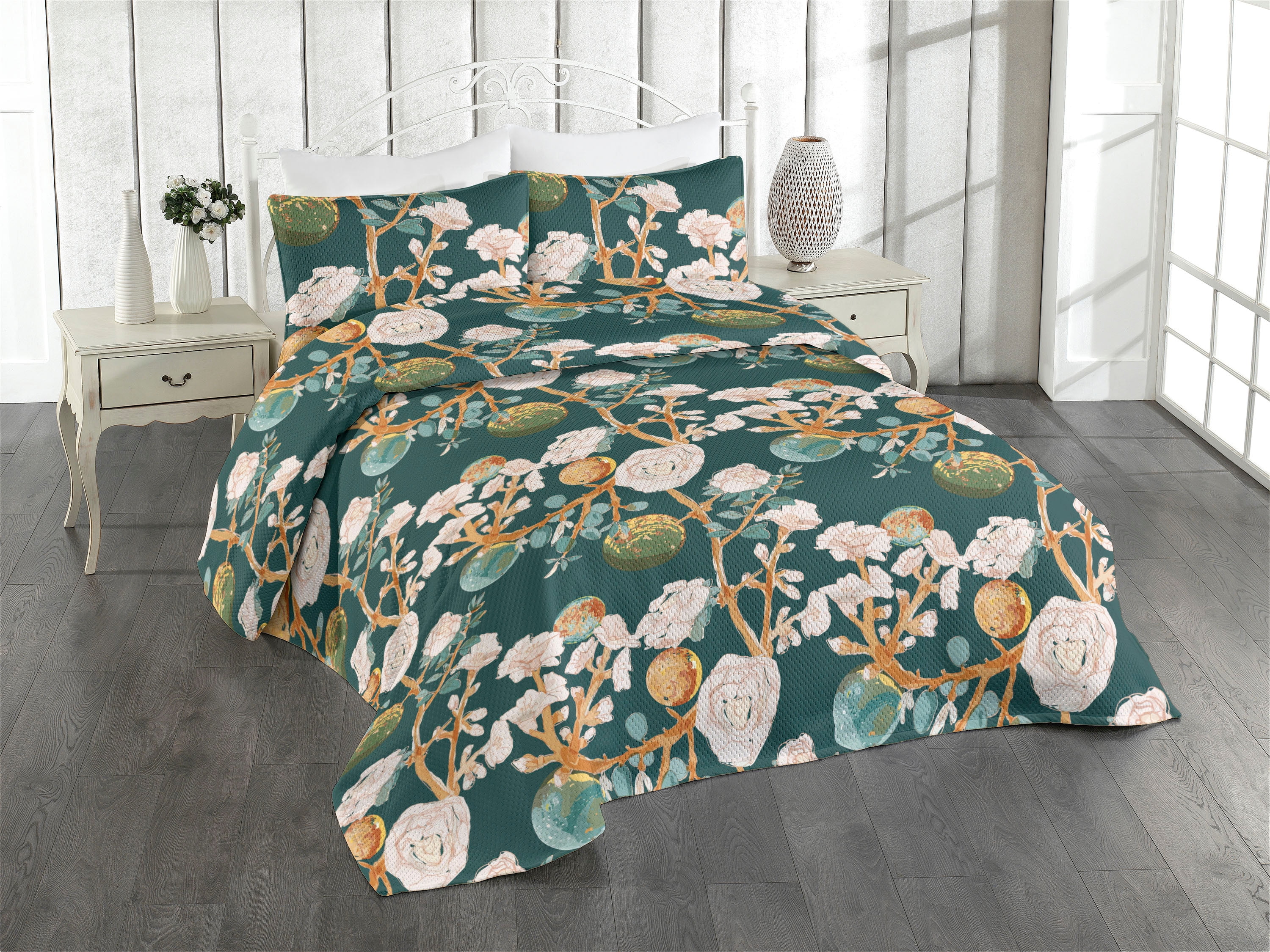 Ambesonne Botanical Quilted Bedspread Set 3 Pcs, Space Vibes Floral ...
