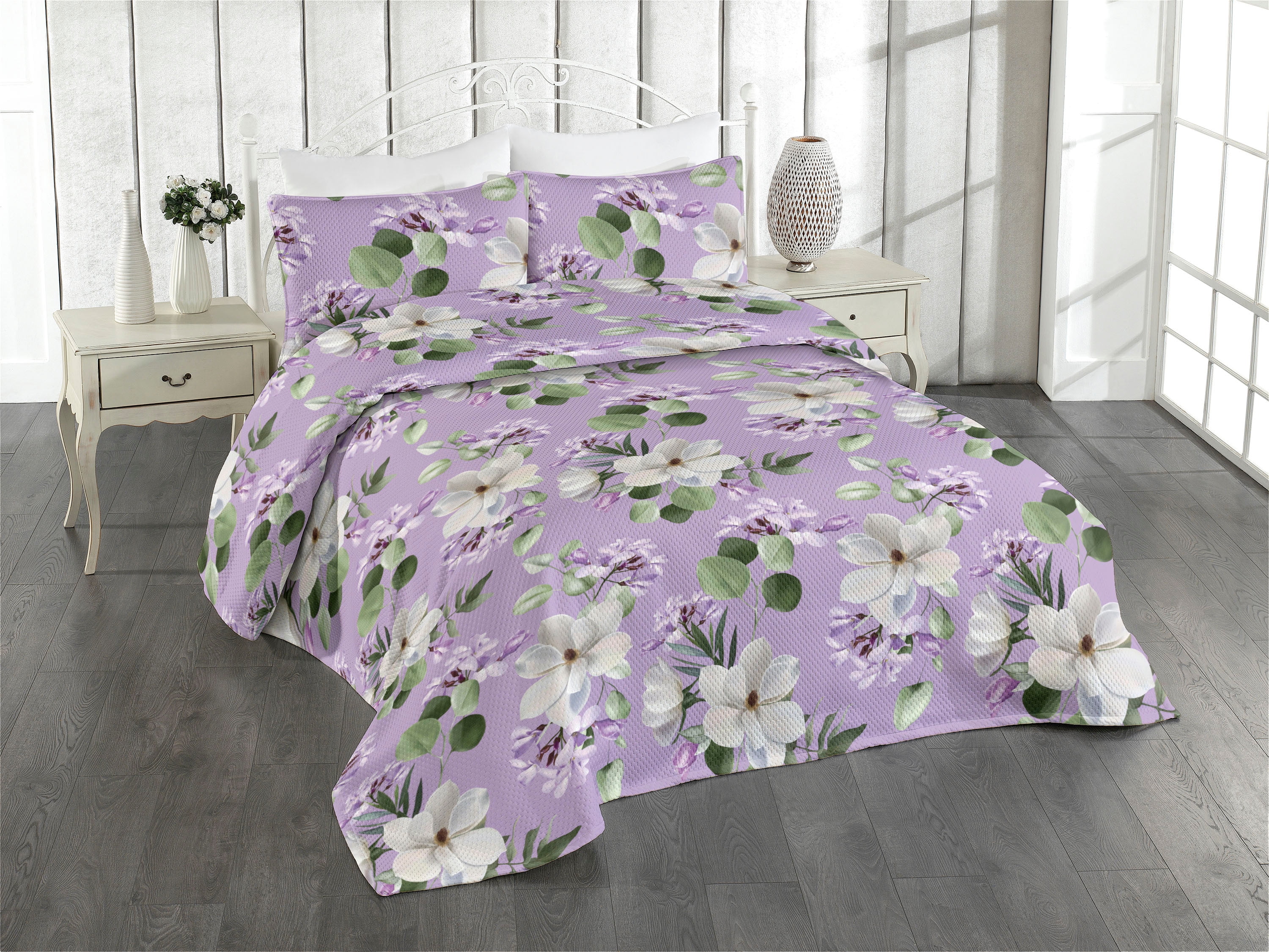 Ambesonne Botanical Quilted Bedspread Set 3 Pcs, Spring Eucalyptus Leaf ...