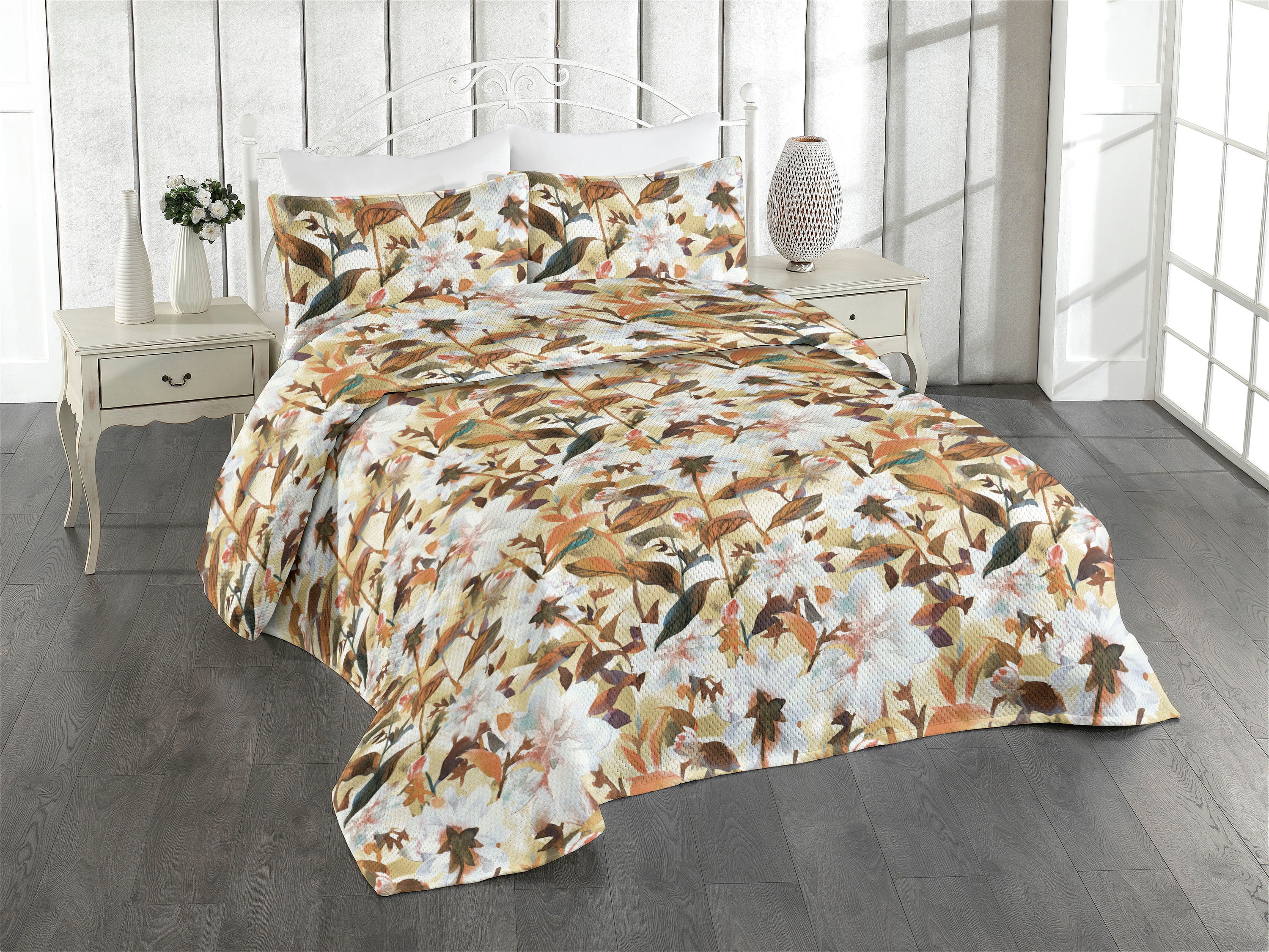 Ambesonne Botanical Quilted Bedspread Set 3 Pcs, Summer Vintage Aster ...