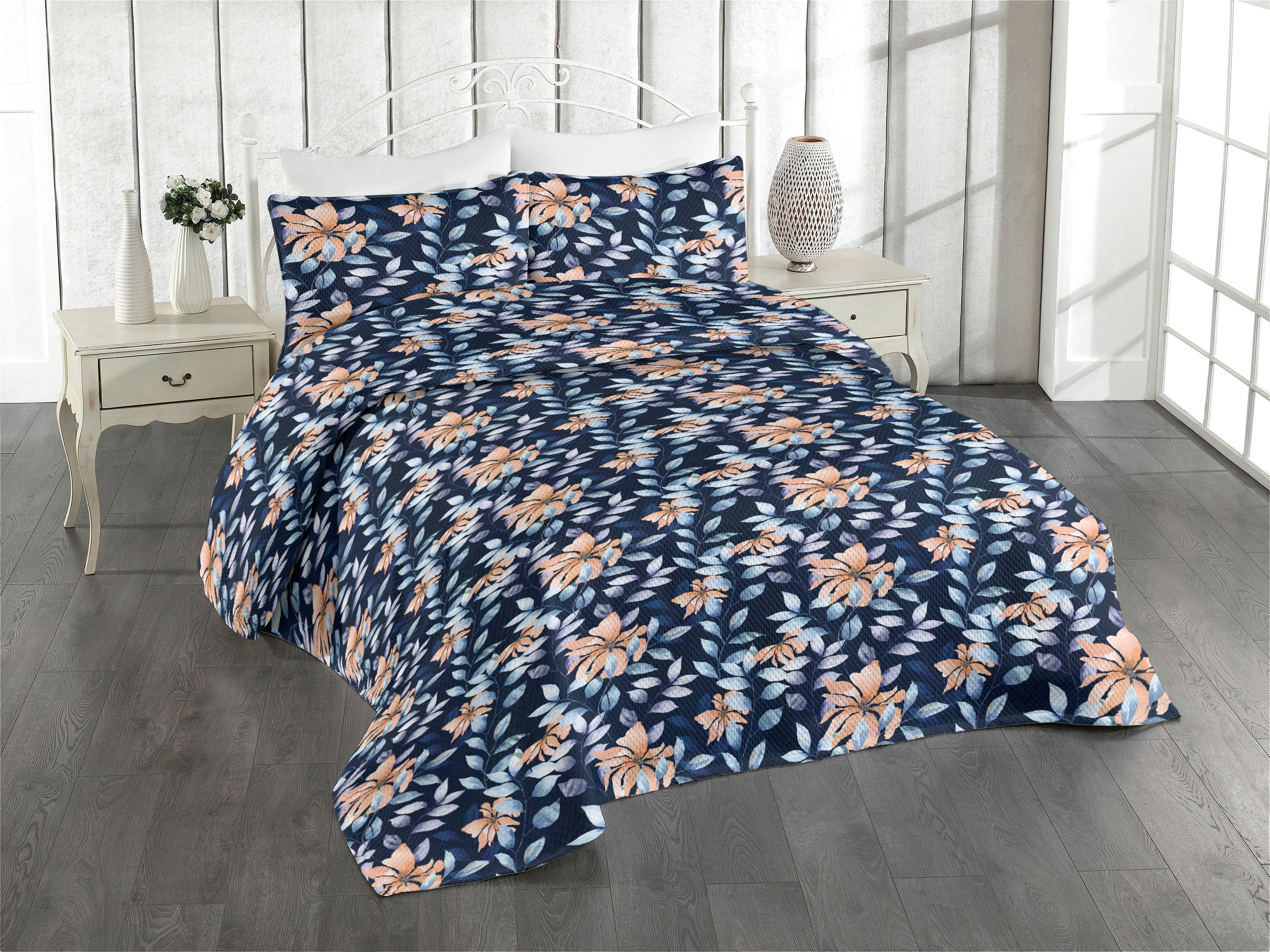 Ambesonne Botanical Quilted Bedspread Set 3 Pcs, Wild Floral on Night ...
