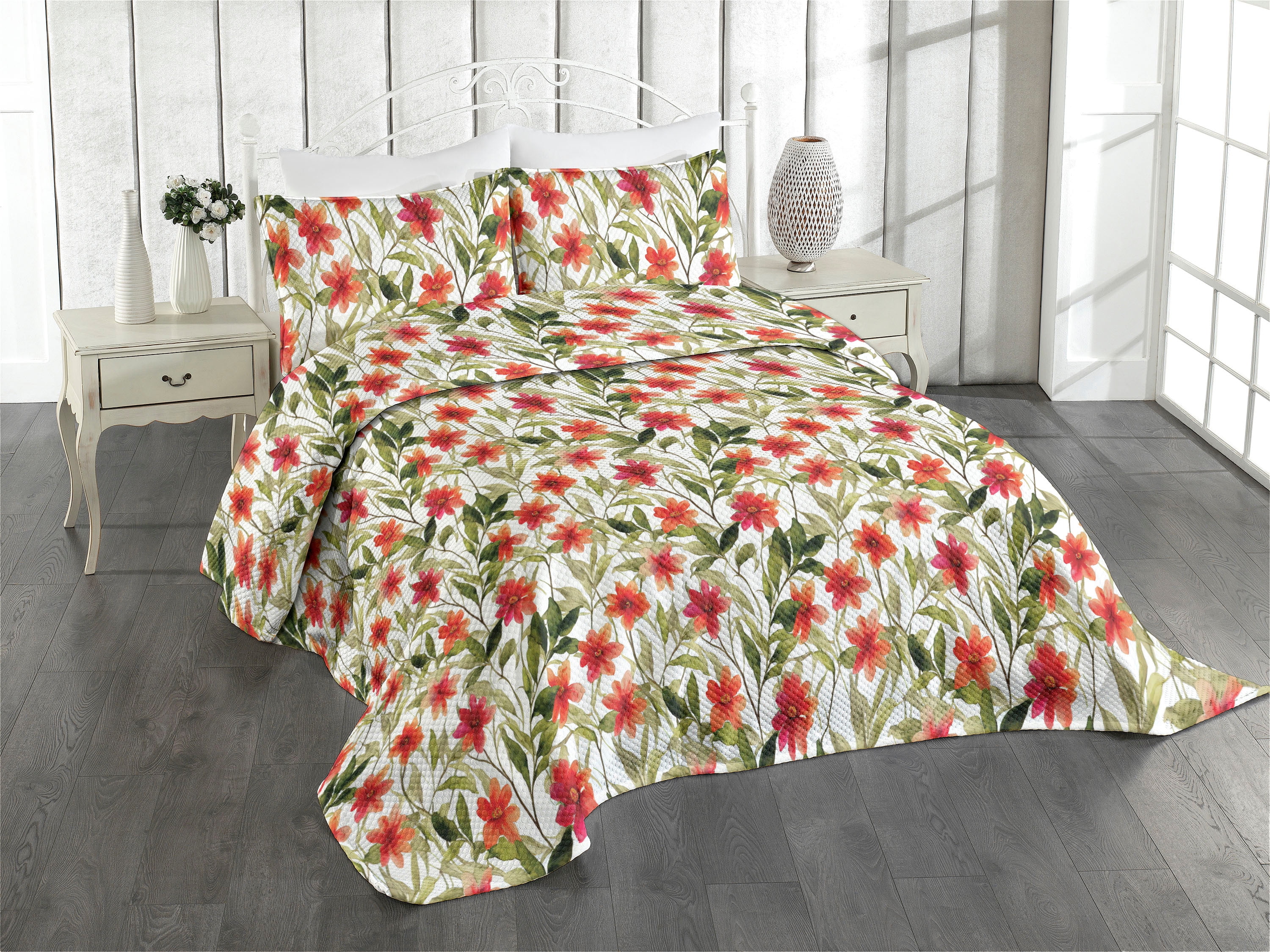 Ambesonne Botanical Quilted Coverlet 3 Pcs, Flowers Leafy Nature Vibe ...
