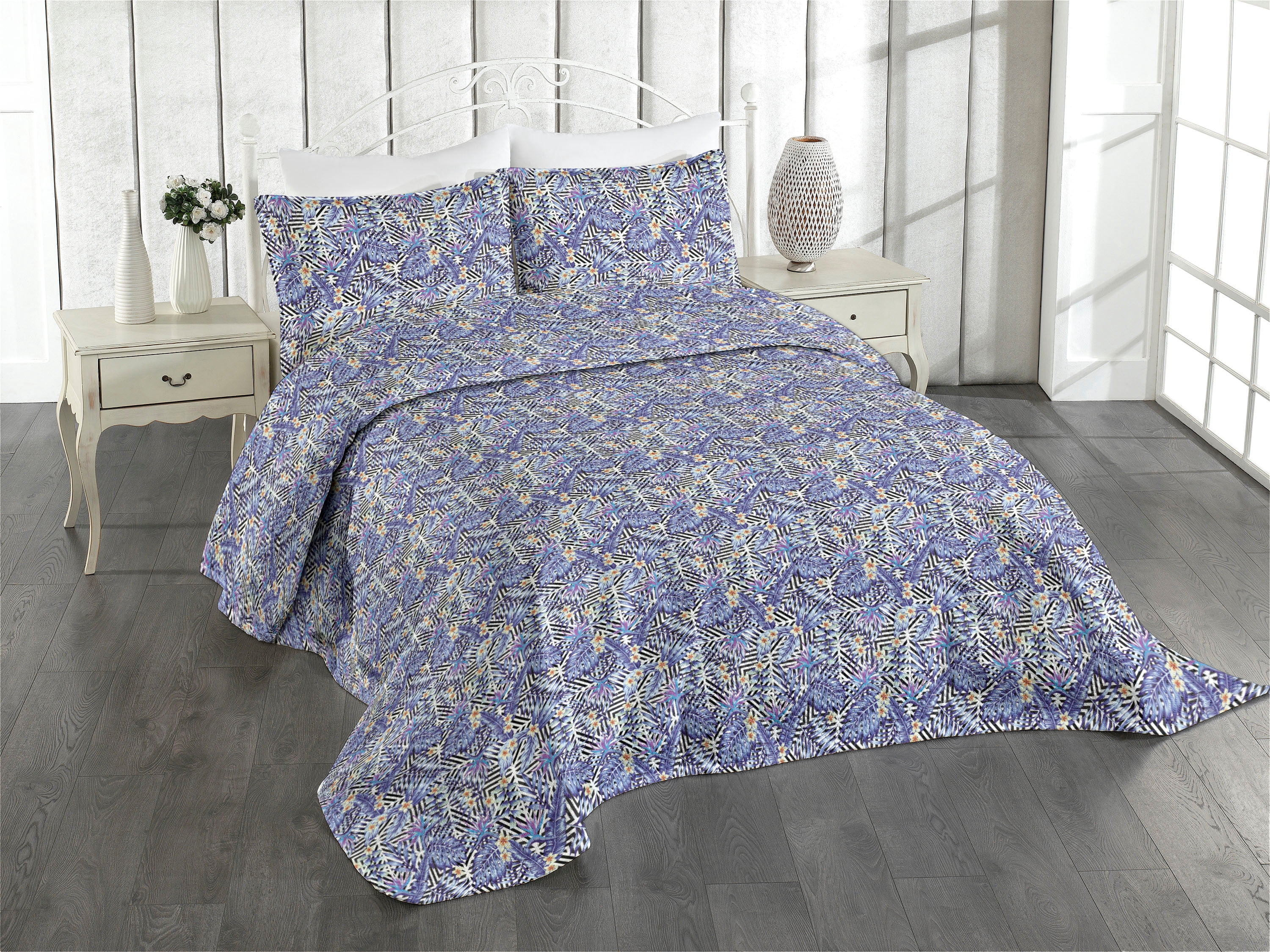 Ambesonne Botanical Quilted Coverlet 3 Pcs, Leaves of Jungle Plumeria ...