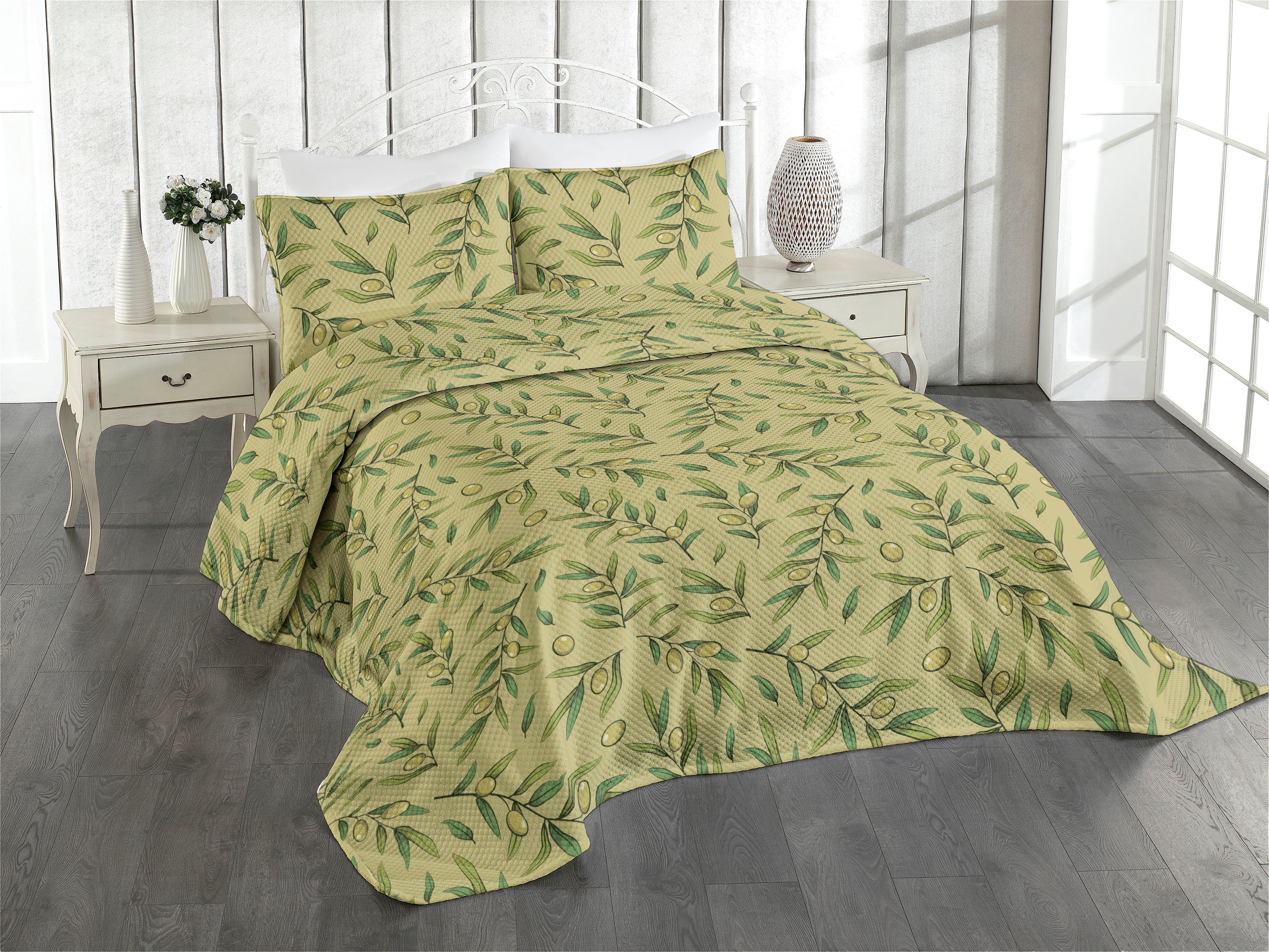 Ambesonne Botanical Quilted Coverlet 3 Pcs, Summer Pattern of Leaves ...