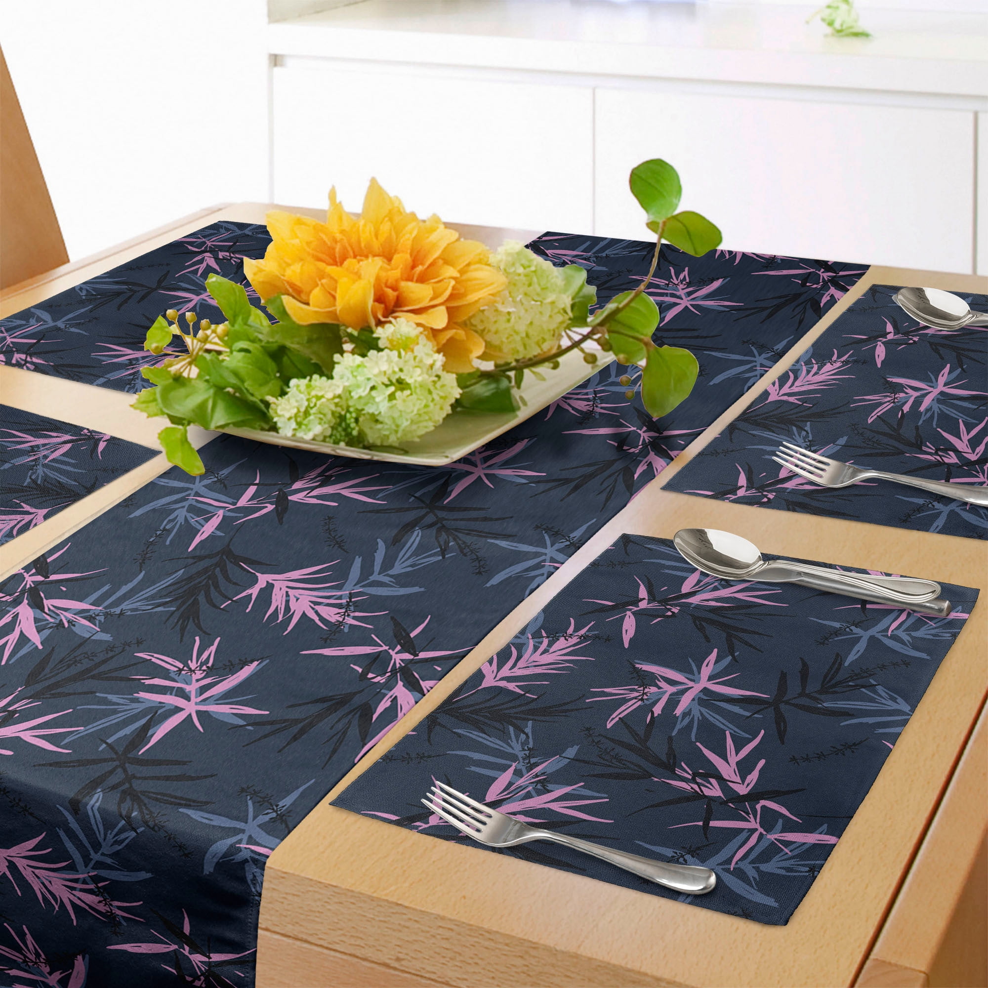 Ambesonne Botanical Table Runner & Placemats, Exotic Garden Leaves Art ...