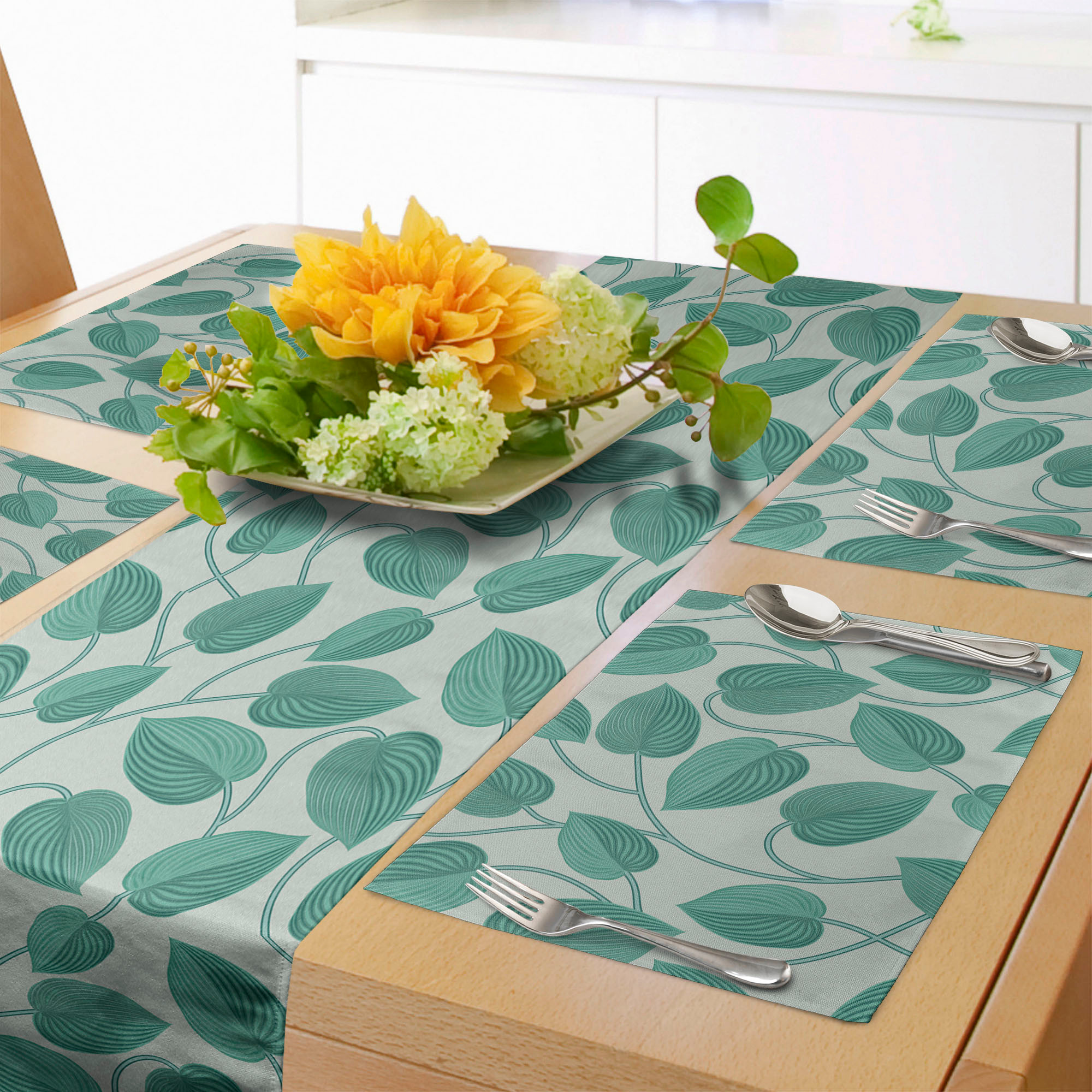 Ambesonne Botanical Table Runner & Placemats, Flourish Leafy Garden ...