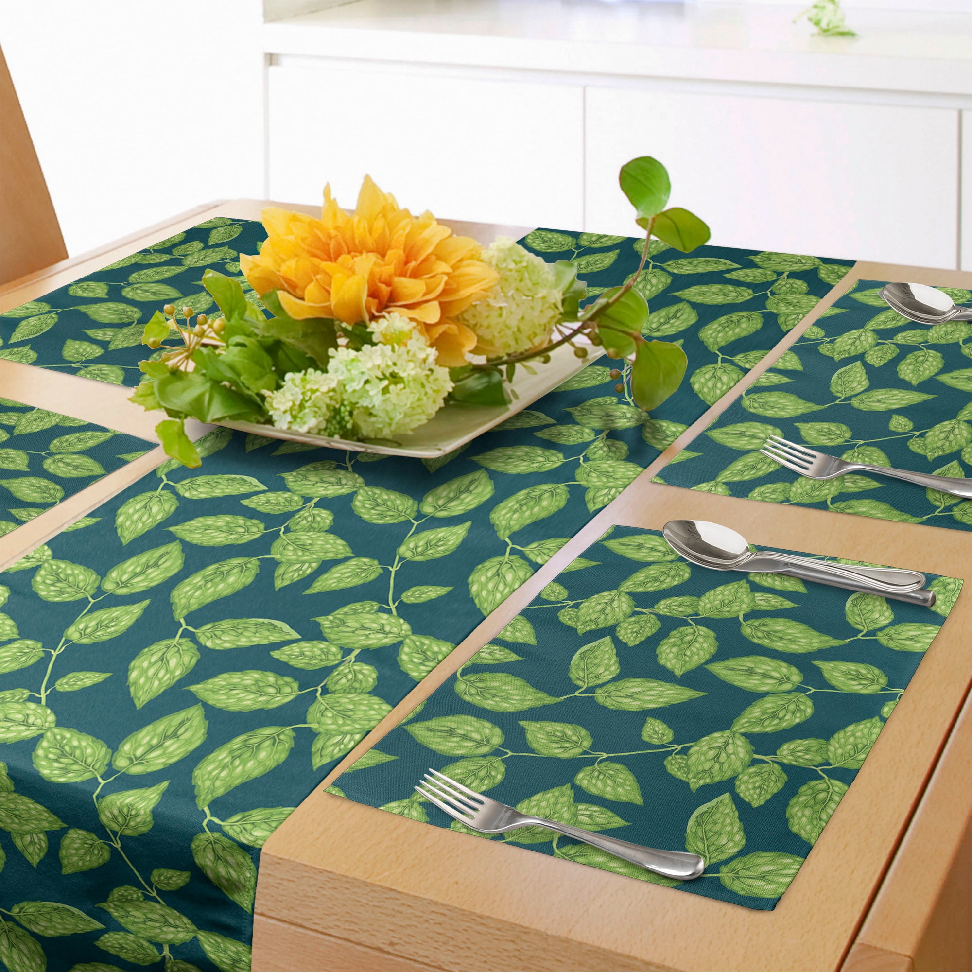 Ambesonne Botanical Table Runner & Placemats, Jasmine Bush Leaves Art ...