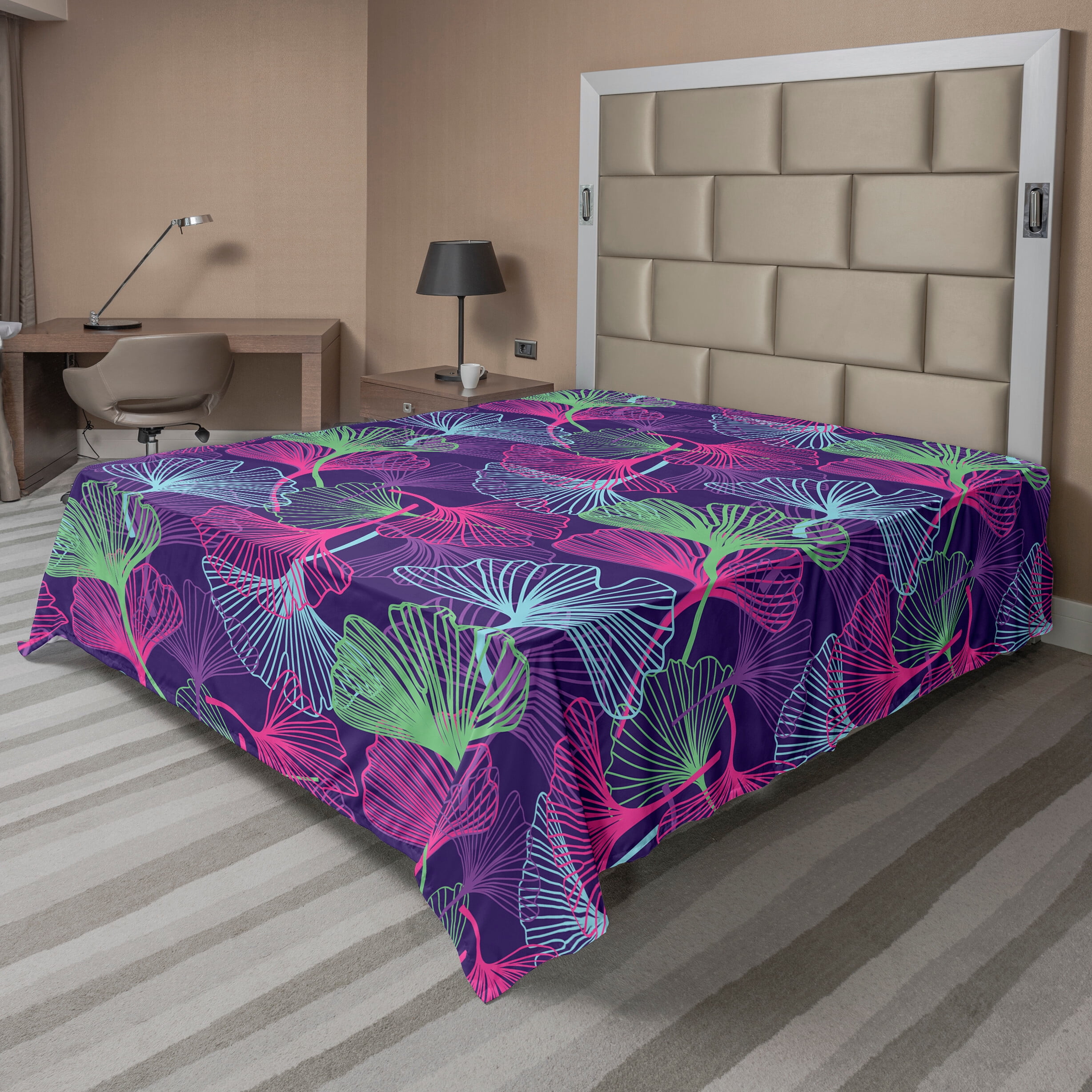 Ambesonne Botany Flat Sheet, Tropical Ginkgo Leaves Art, Queen Size ...