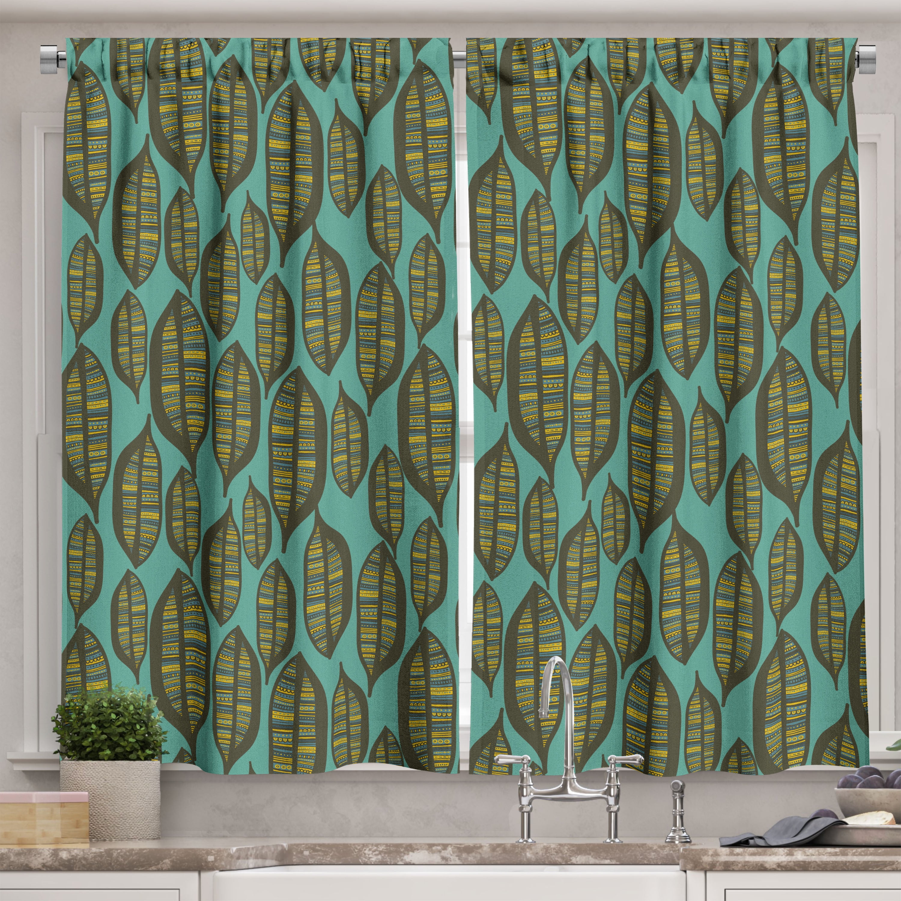Ambesonne Botany Kitchen Curtains, Vertical Leaves Layout Art, 55"x45 ...
