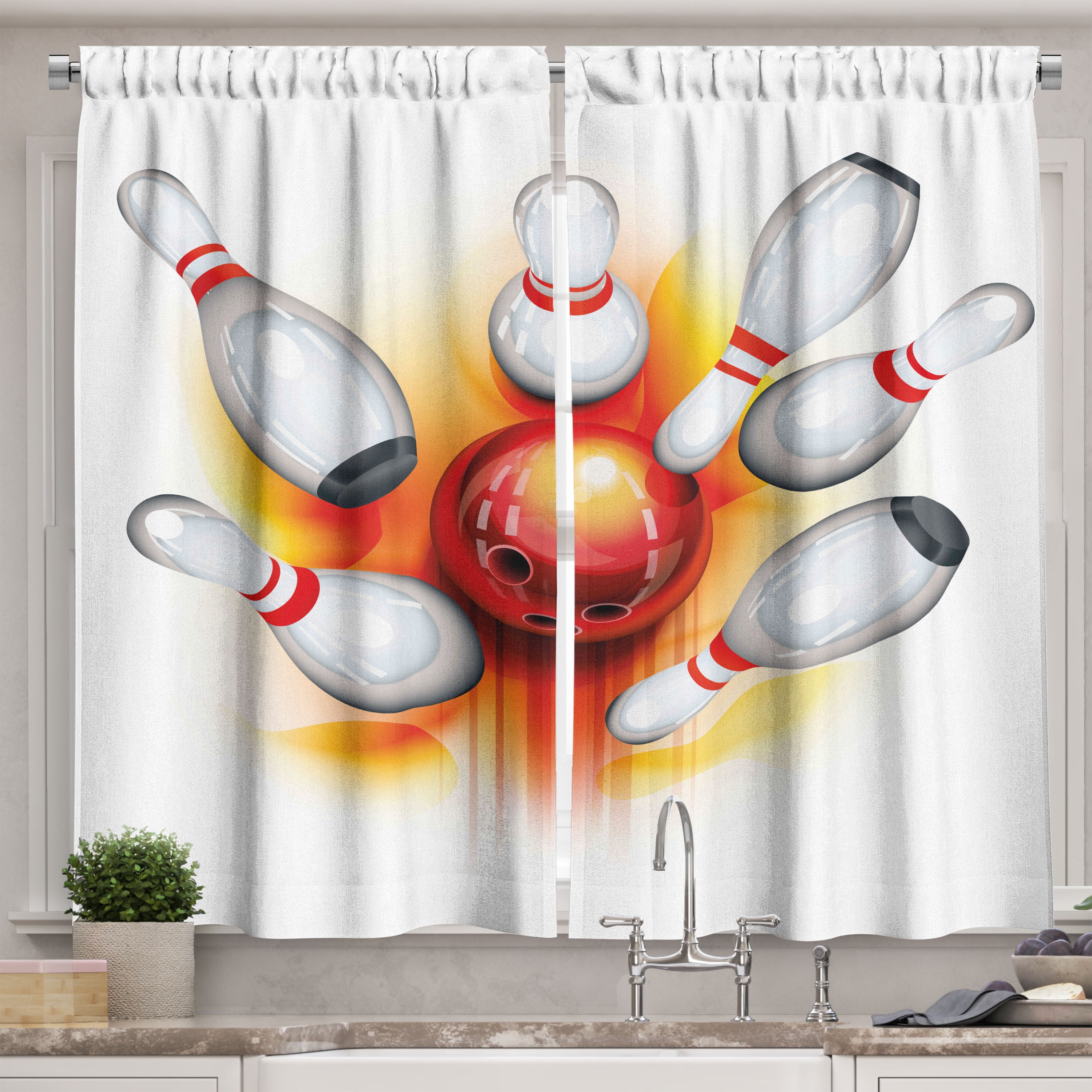 Ambesonne Bowling Kitchen Curtains, Red Ball Spread Pins, 55"x45", Red ...