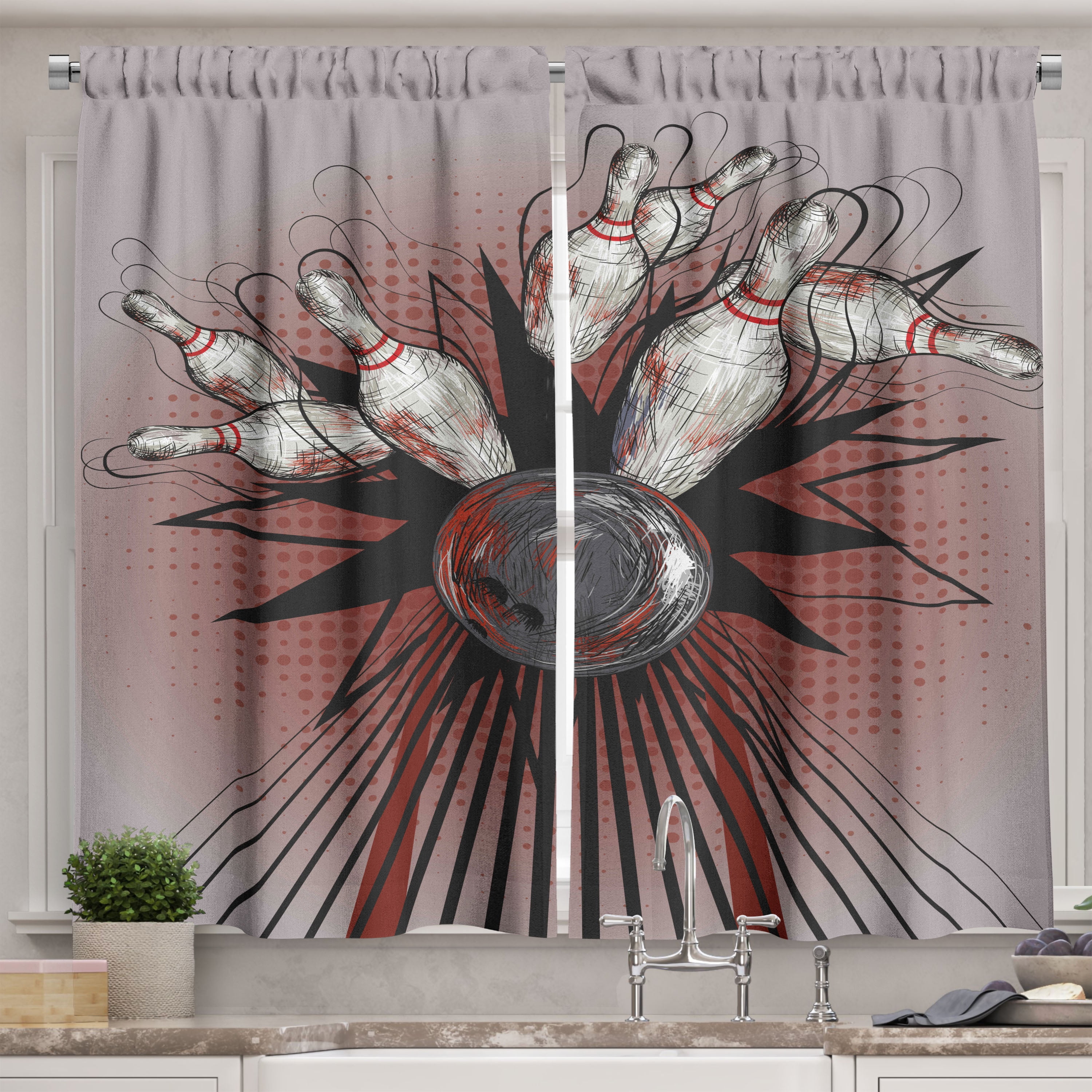 Ambesonne Bowling Party Kitchen Curtains, Ball Crash Pins, 55"x39 ...