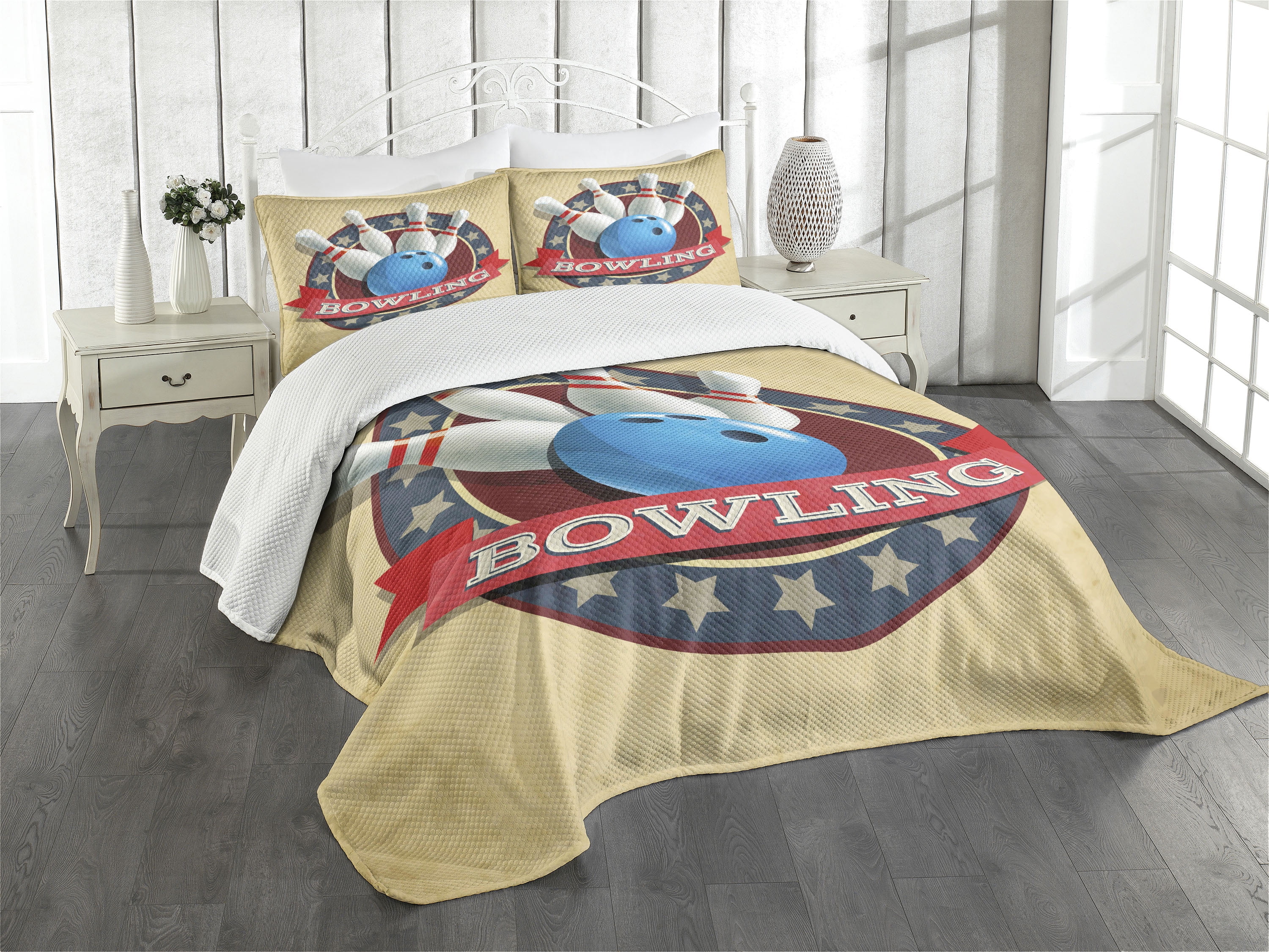 Ambesonne Bowling Party Quilted Bedspread Set 3 Pcs, Circular Sport ...