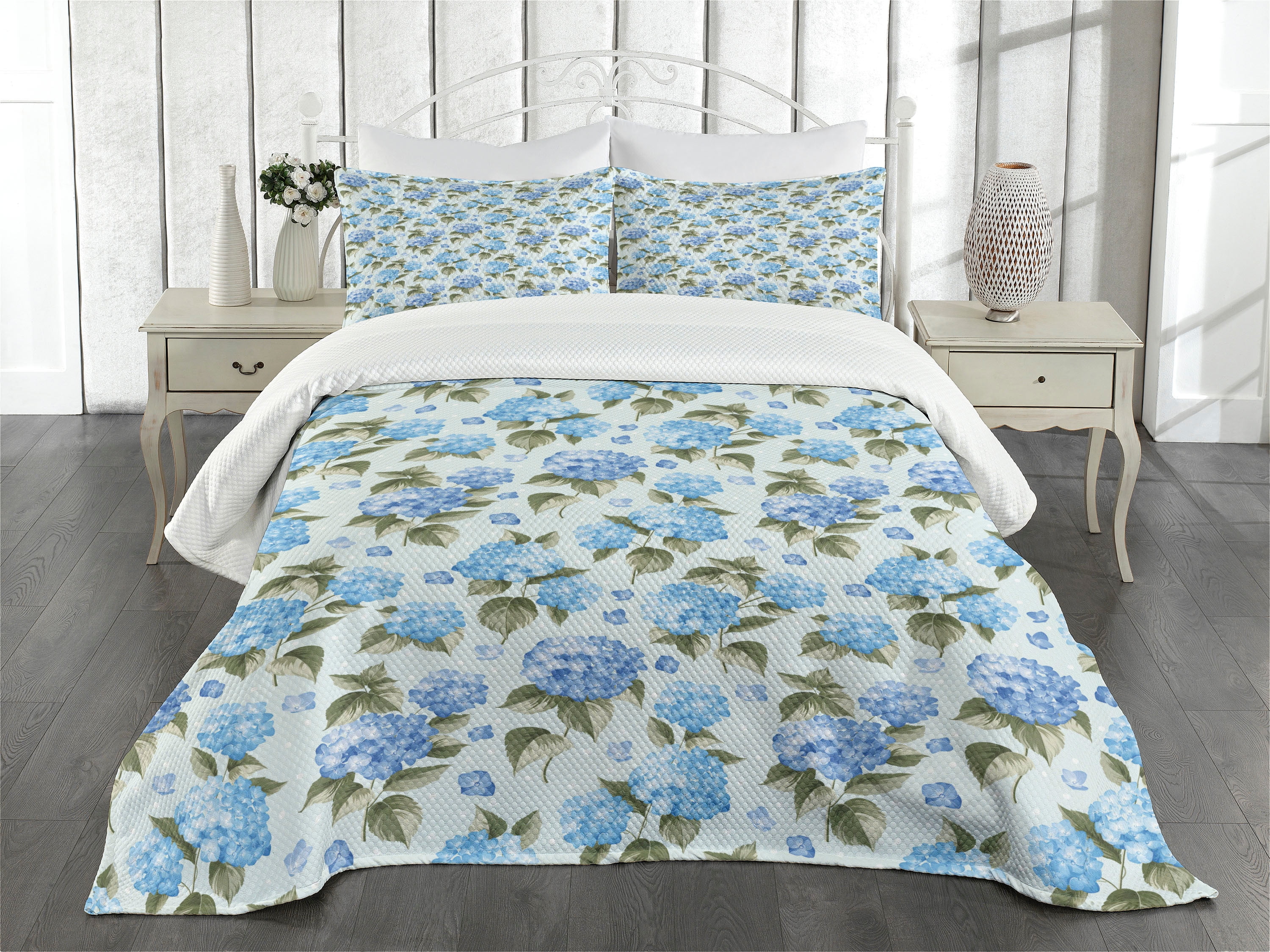 Ambesonne Bridal Quilted Bedspread Set 3 Pcs, Hydrangea Flowers Swirls ...