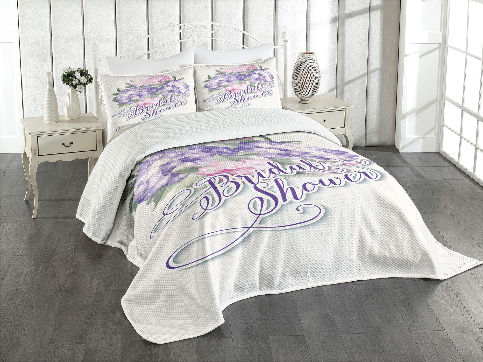 Ambesonne Bridal Quilted Bedspread Set 3 Pcs, Shabby Hydrangeas, Queen ...