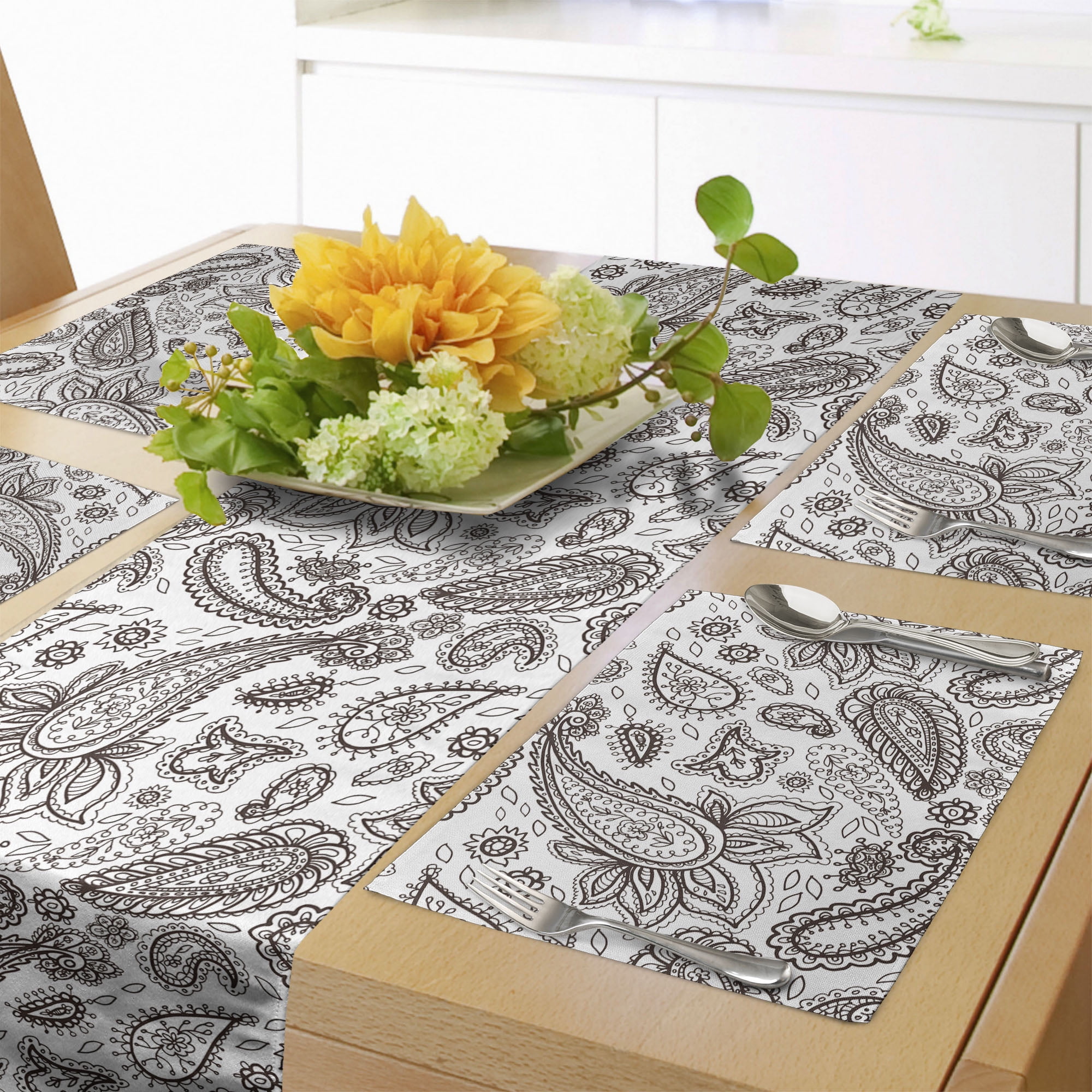 Ambesonne Brown Paisley Table Runner & Placemats, Zentangle Look Motif, Placemat 4 pcs + Runner ...