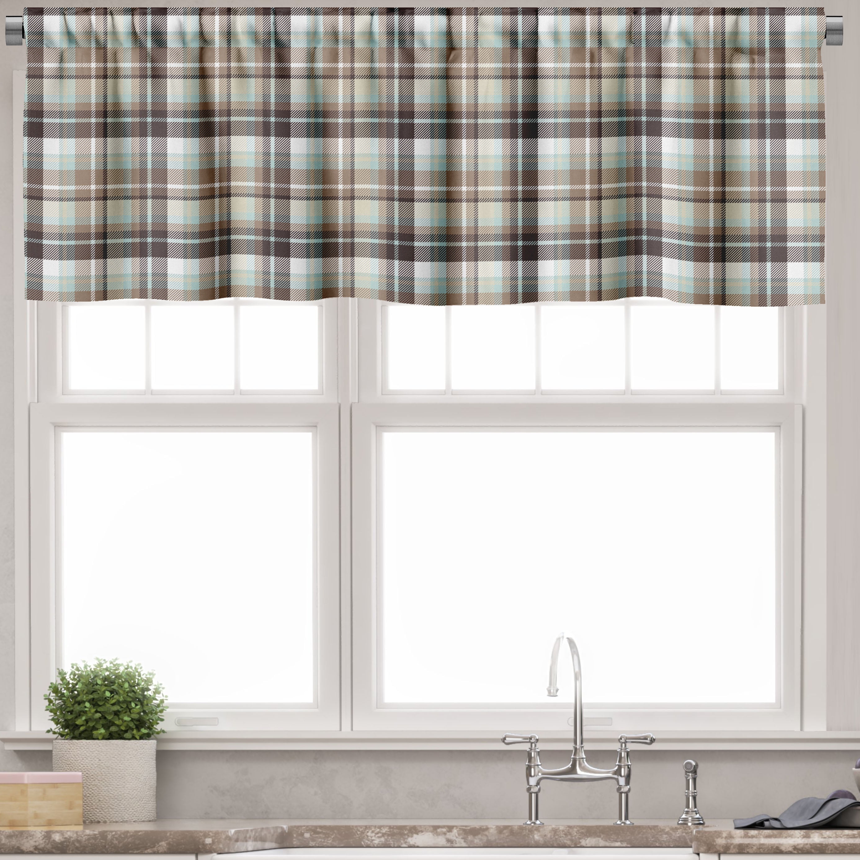 Ambesonne Brown Plaid Window Valance, Brown Blue Geometric, 54" X 12 ...