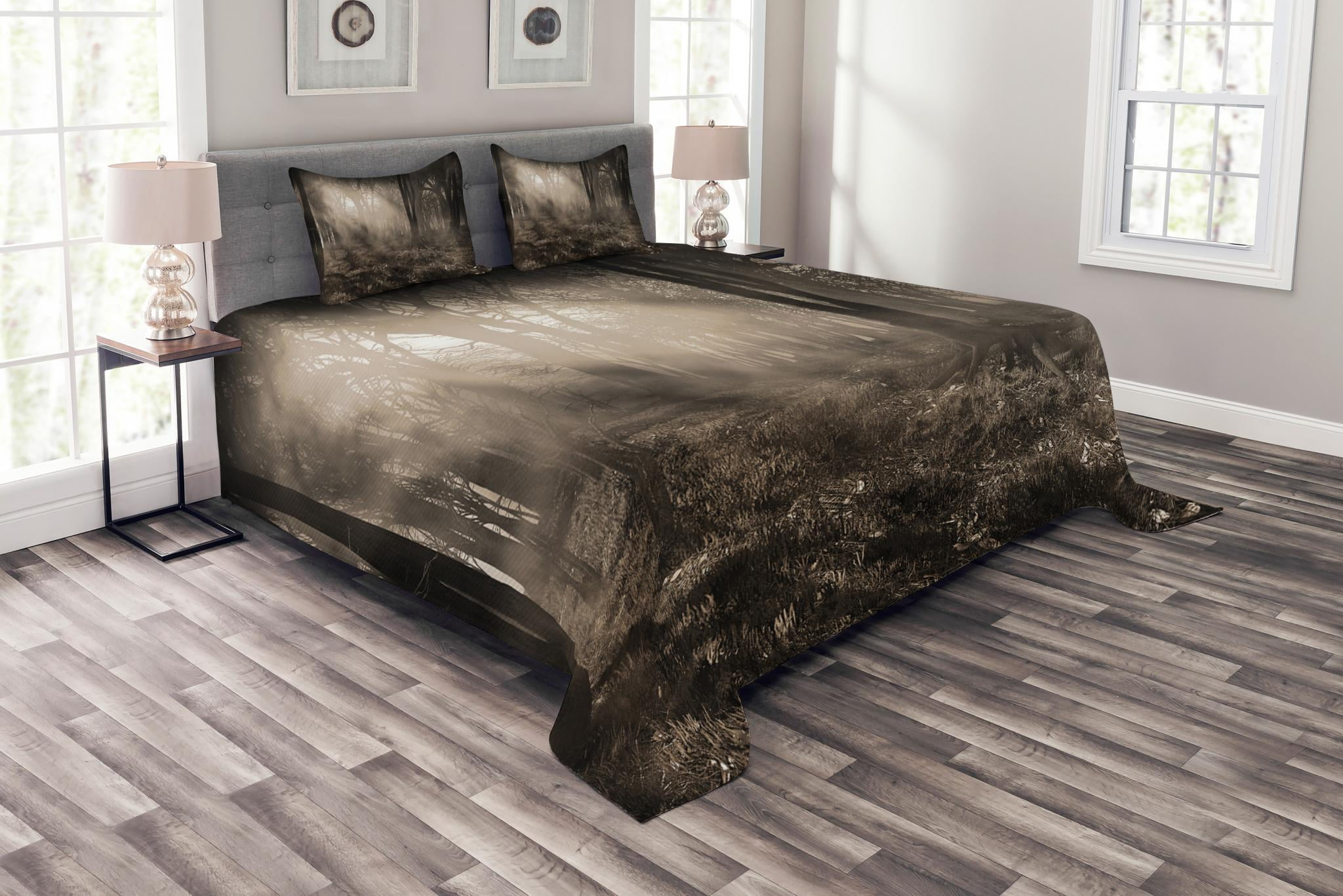 Ambesonne Brown Quilted Bedspread Set 3 Pcs, Nostalgic Dark Forest ...