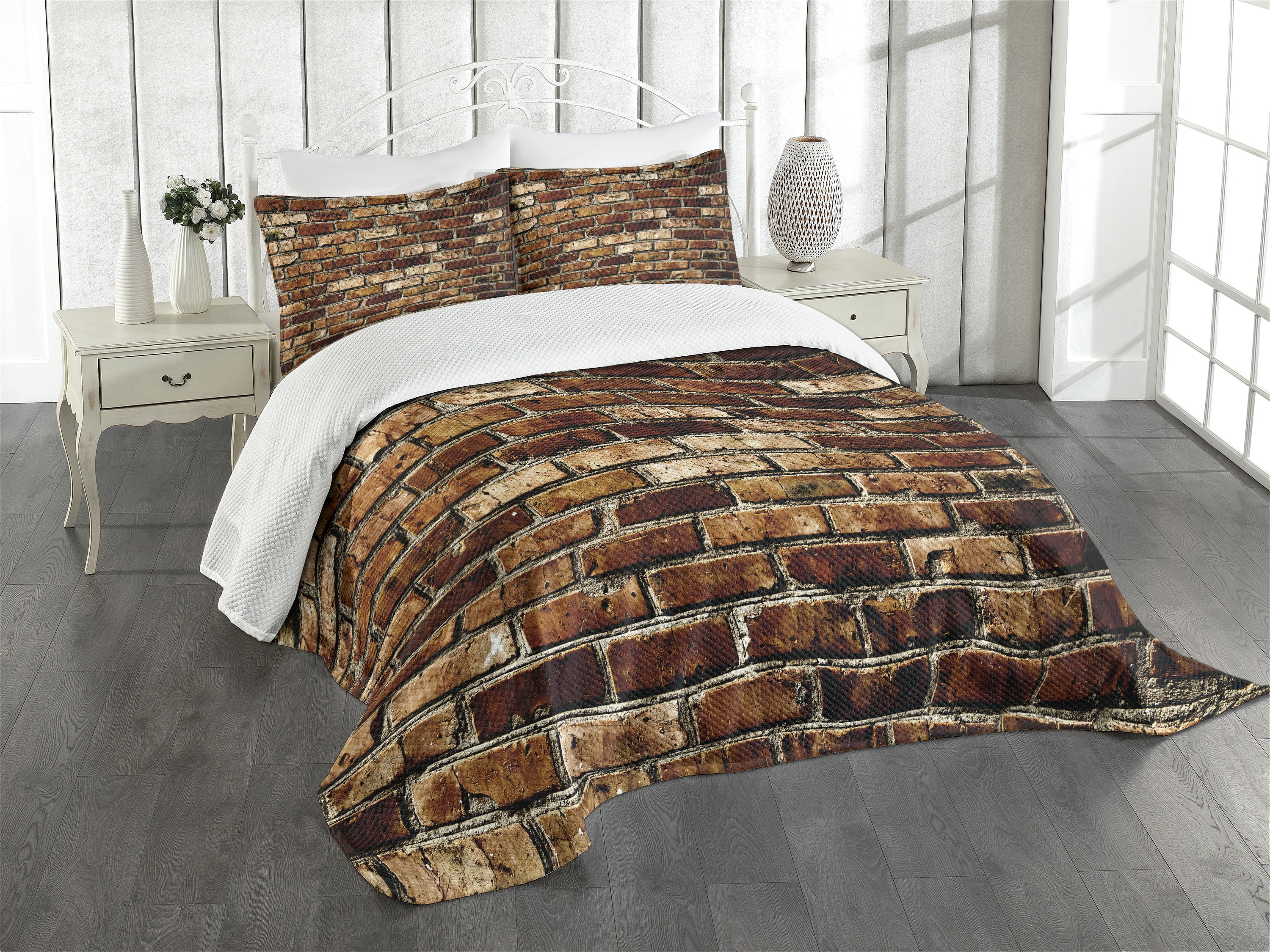 Ambesonne Brown Quilted Bedspread Set 3 Pcs, Old Grunge Brick Wall ...