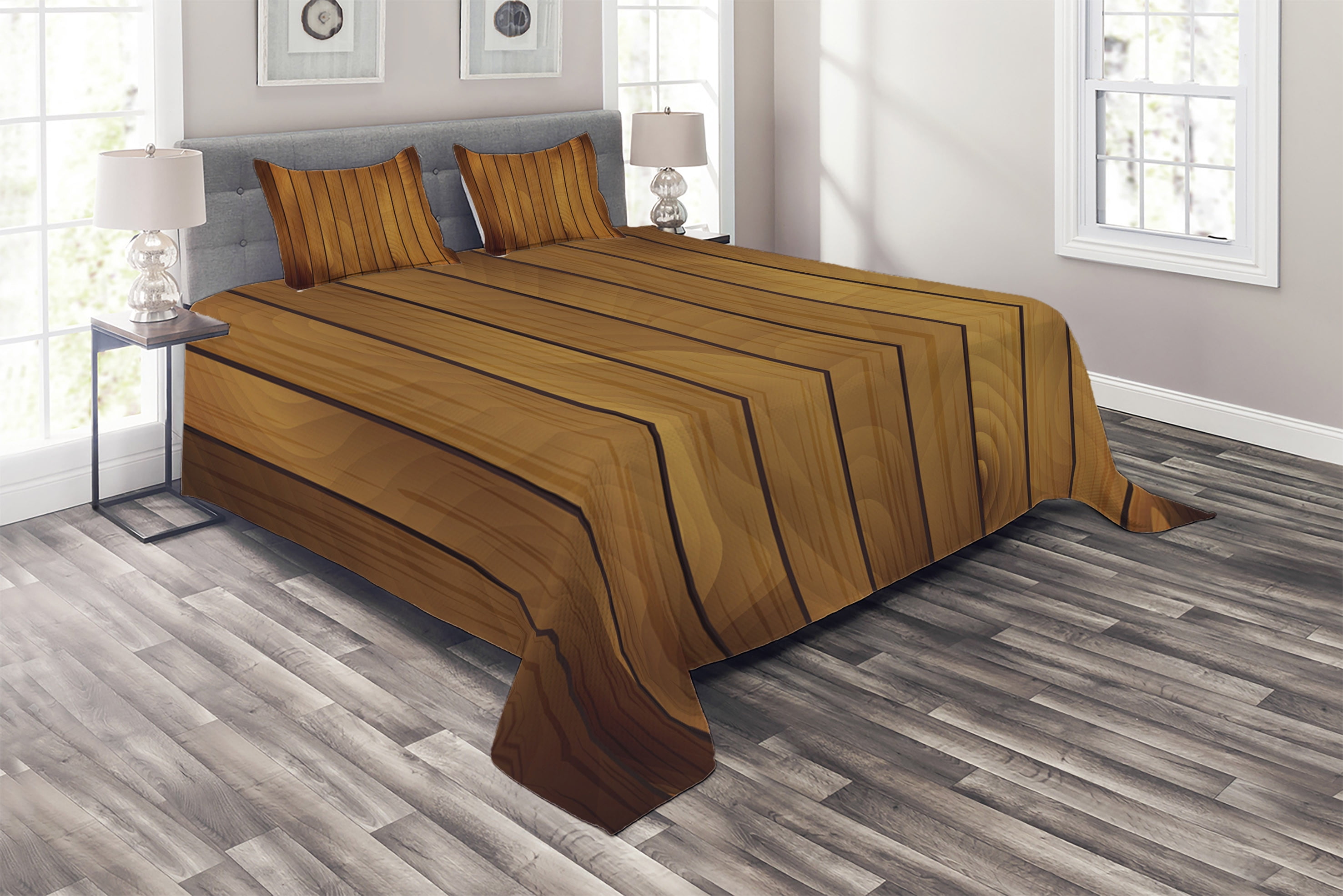 Ambesonne Brown Quilted Coverlet 3 Pcs, Wooden Plank Aged Timber, King ...