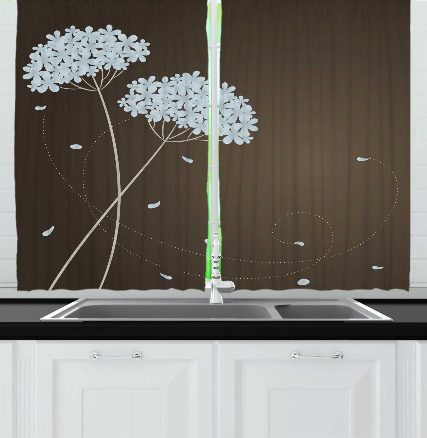 Ambesonne Brown and Blue Kitchen Curtains, Falling Leaves, 55"x39 ...