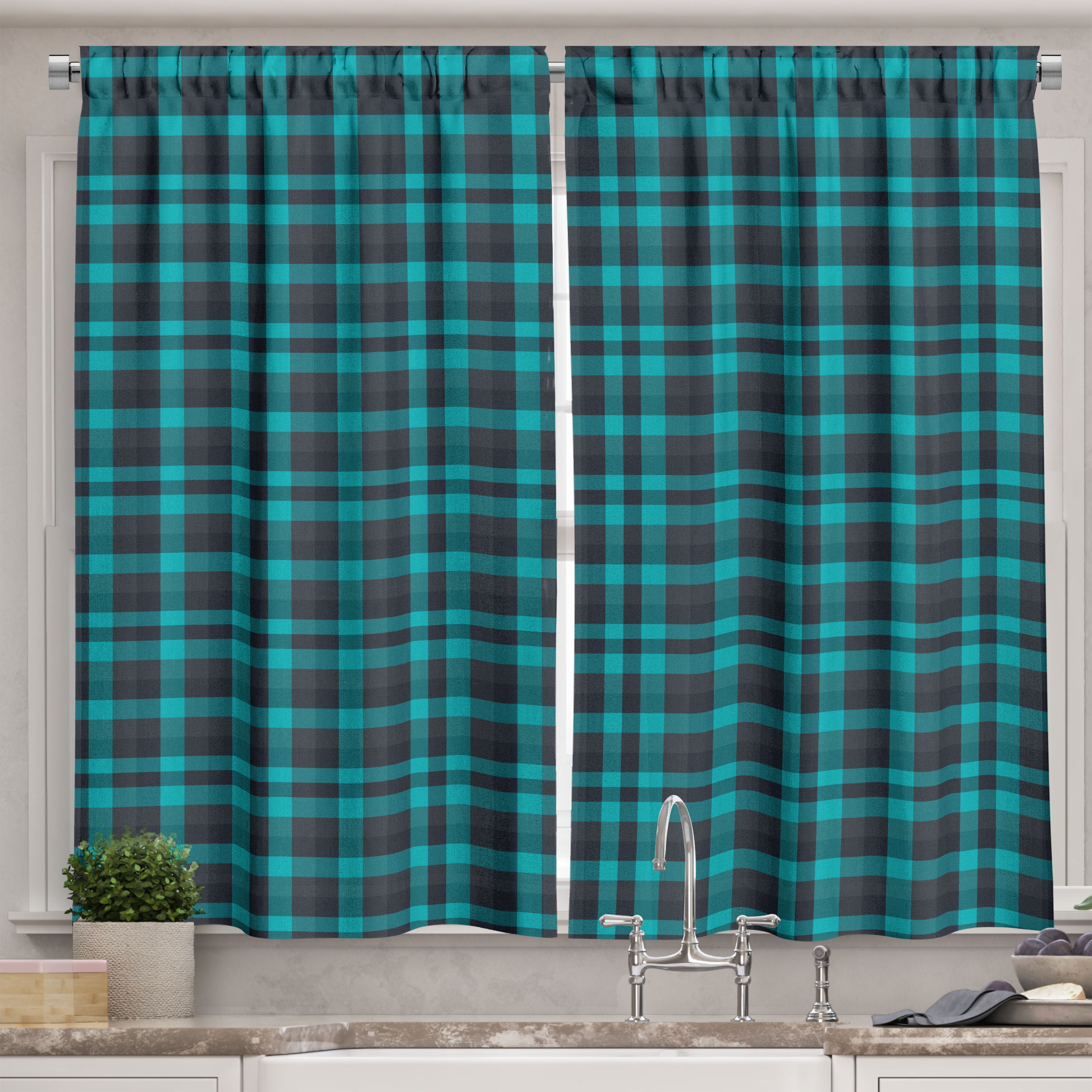 Ambesonne Buffalo Plaid Kitchen Curtains, Teal Gingham Check, 55"x30 ...