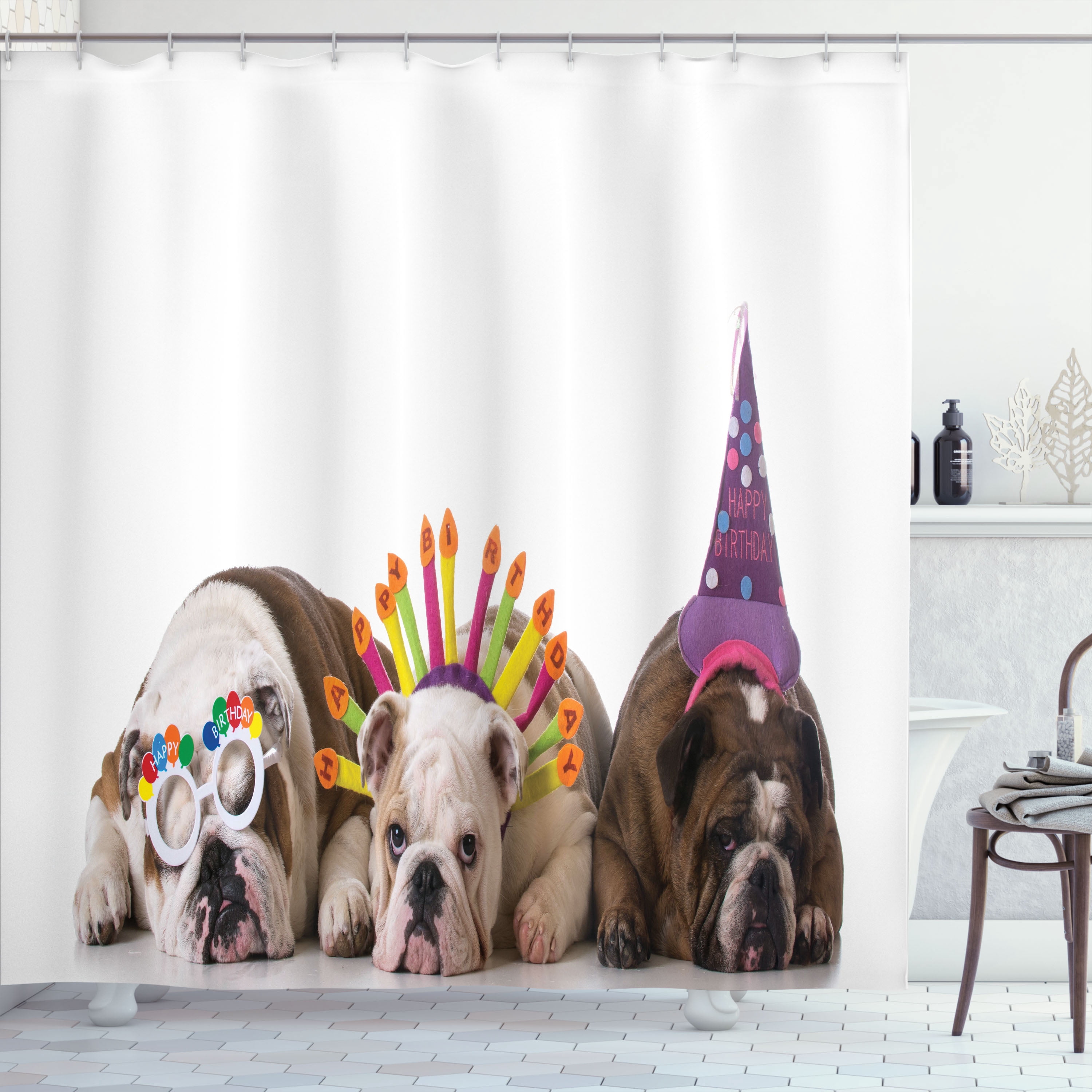 Ambesonne Bulldog Shower Curtain, Funny Animals in Party Mode, 69"Wx70 ...