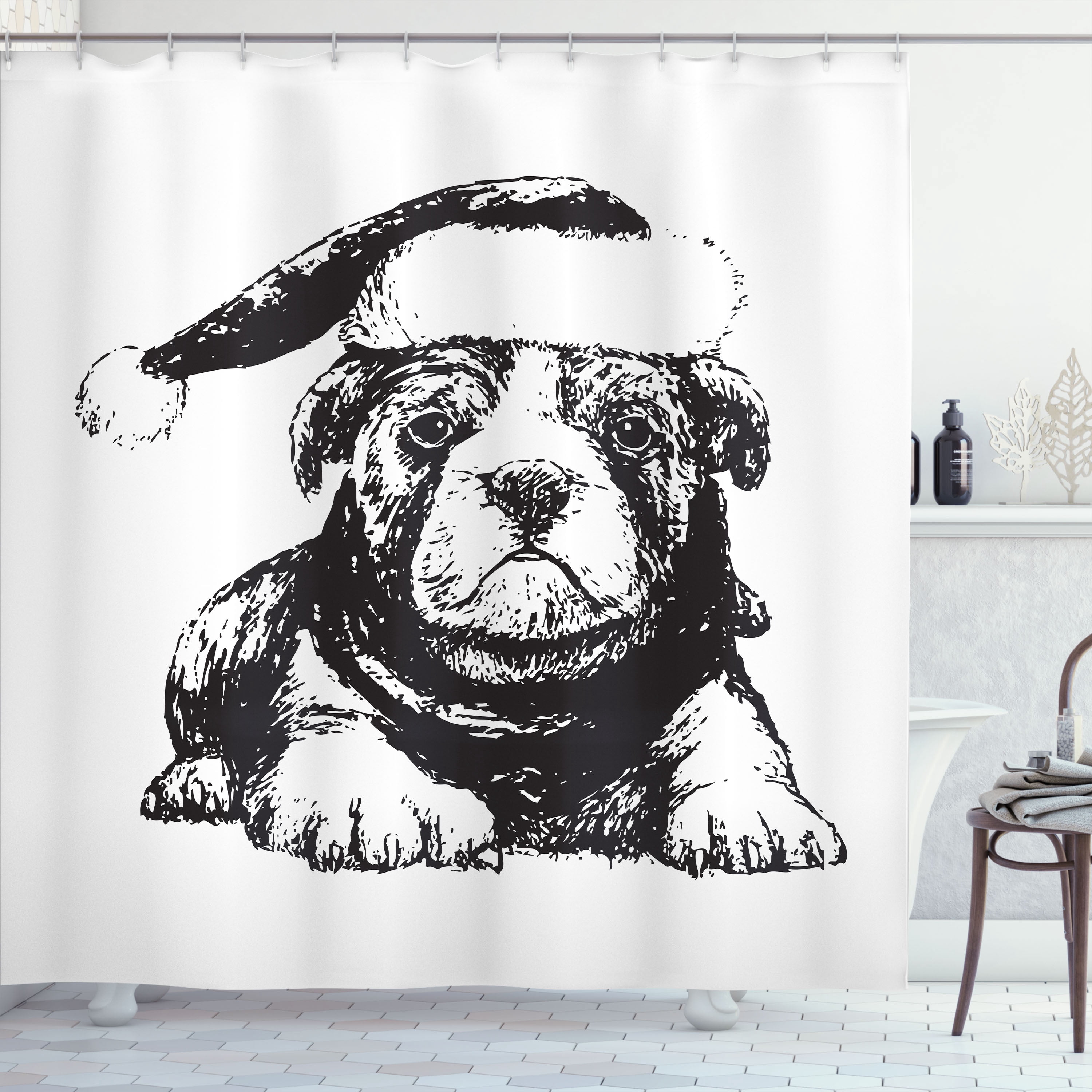 Ambesonne Bulldog Shower Curtain, Monochrome Christmas Theme, 69"Wx75"L ...