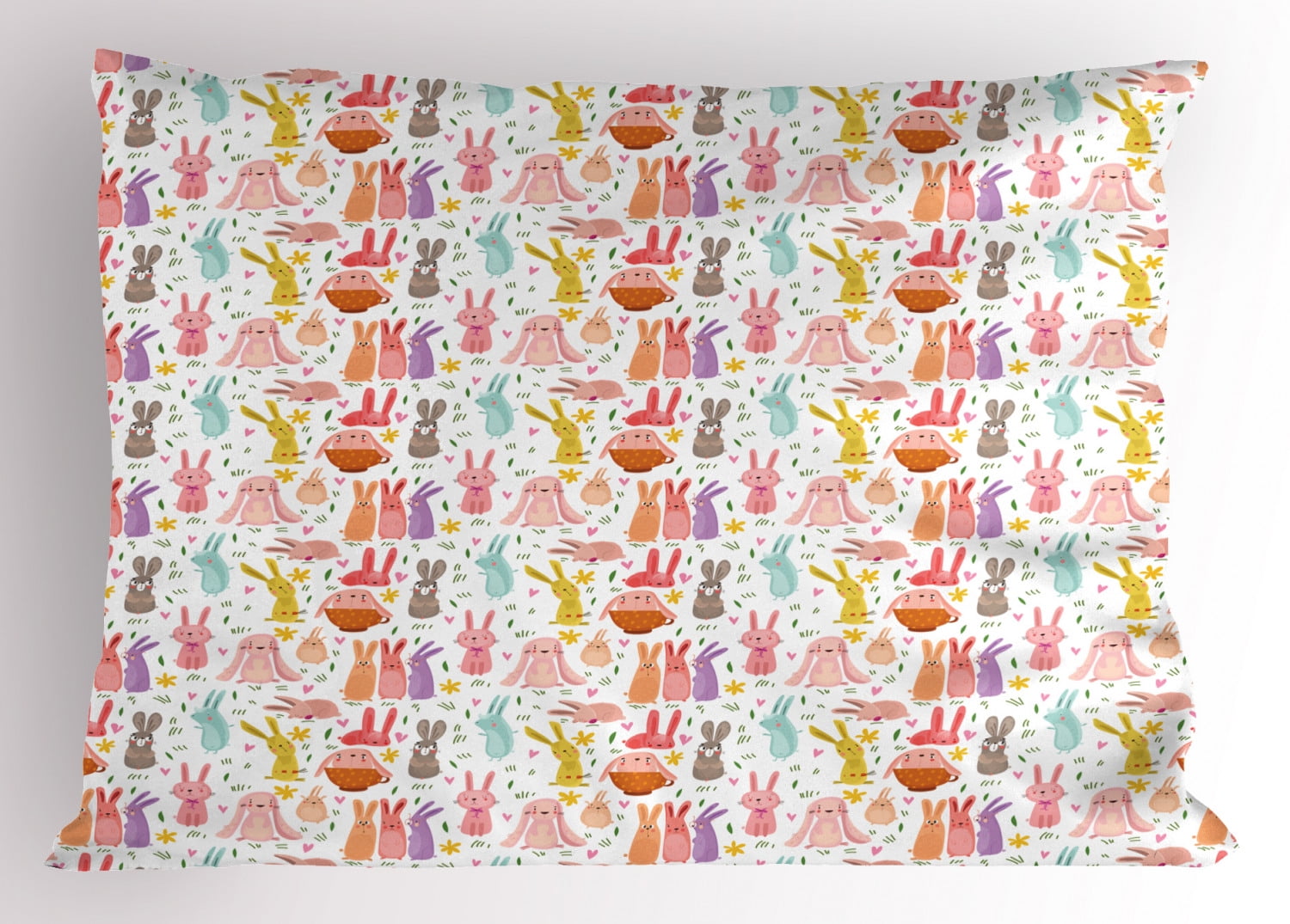 Ambesonne Bunny Pillow Sham, Colorful Rabbits Pink Hearts, 36" X 20 ...