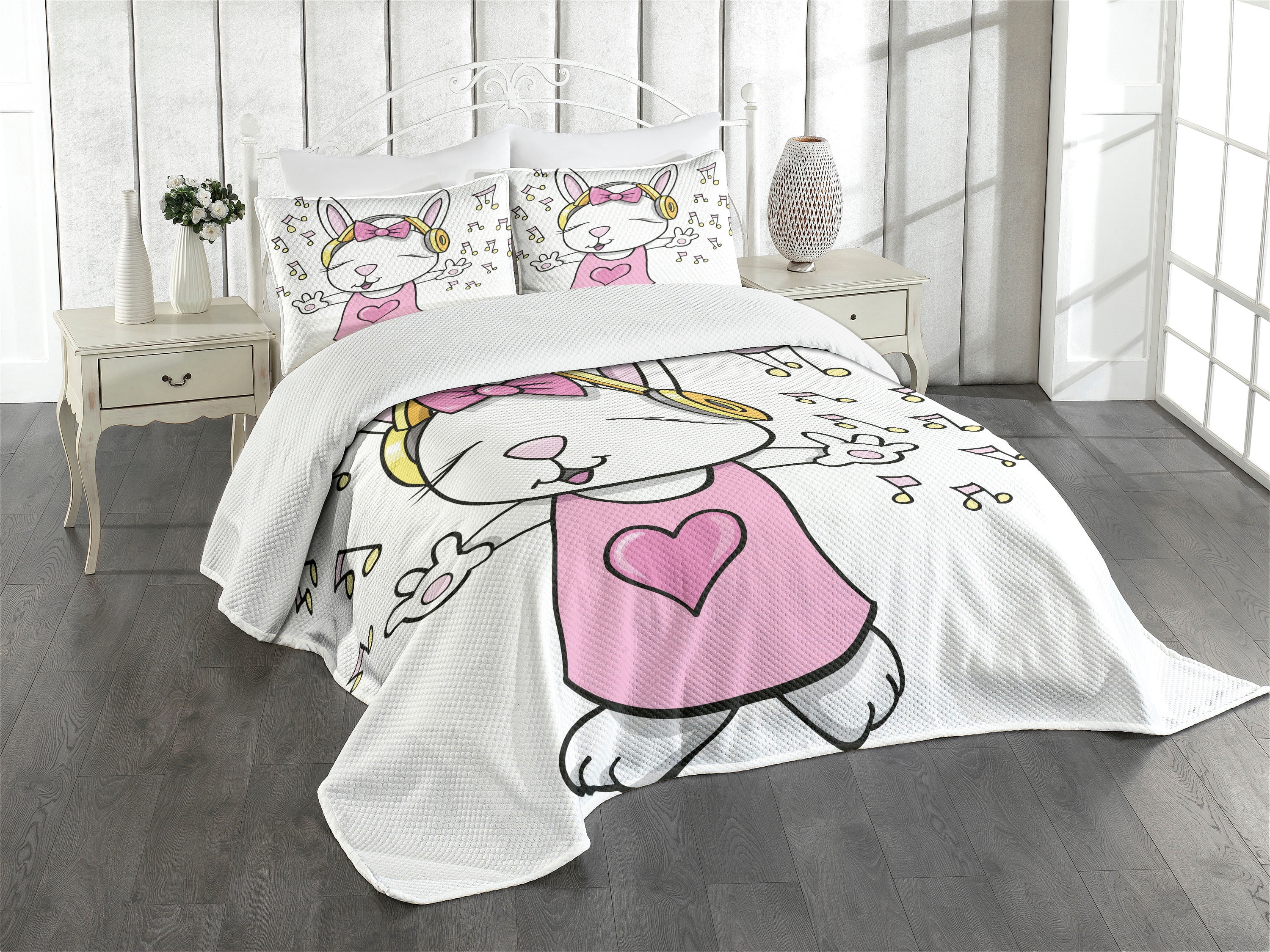 Ambesonne Bunny Quilted Bedspread Set 3 Pcs, Cartoon Rock Star Bunny ...