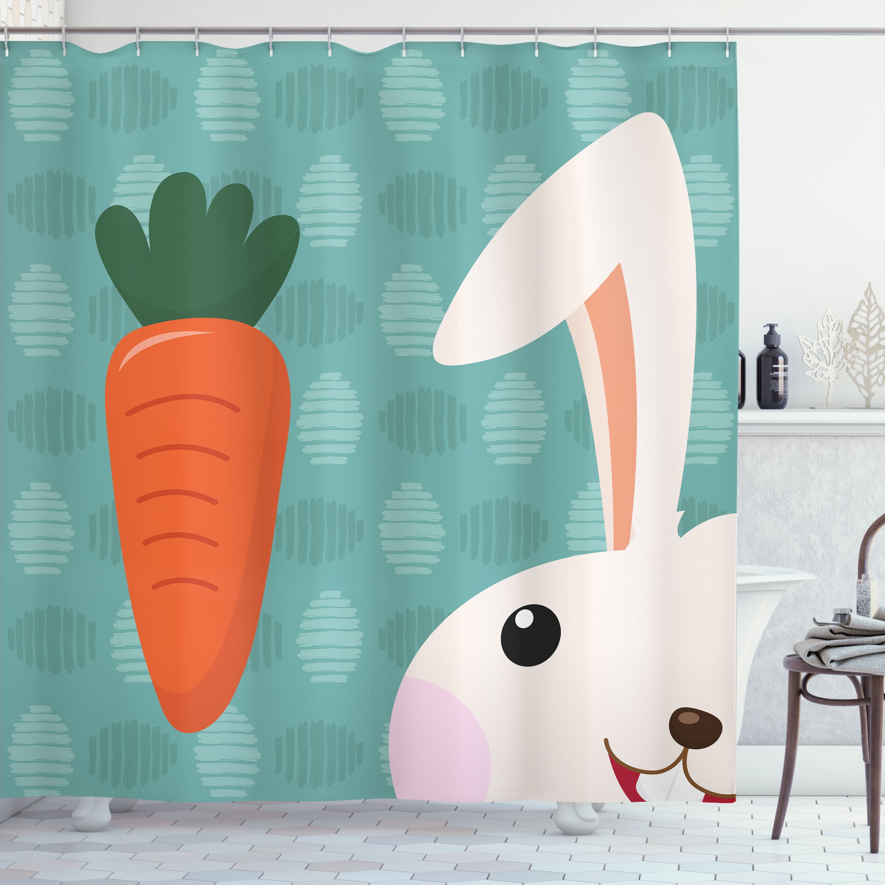 Ambesonne Bunny Shower Curtain, Rabbit and Huge Carrot Doodle, 69"Wx70 ...