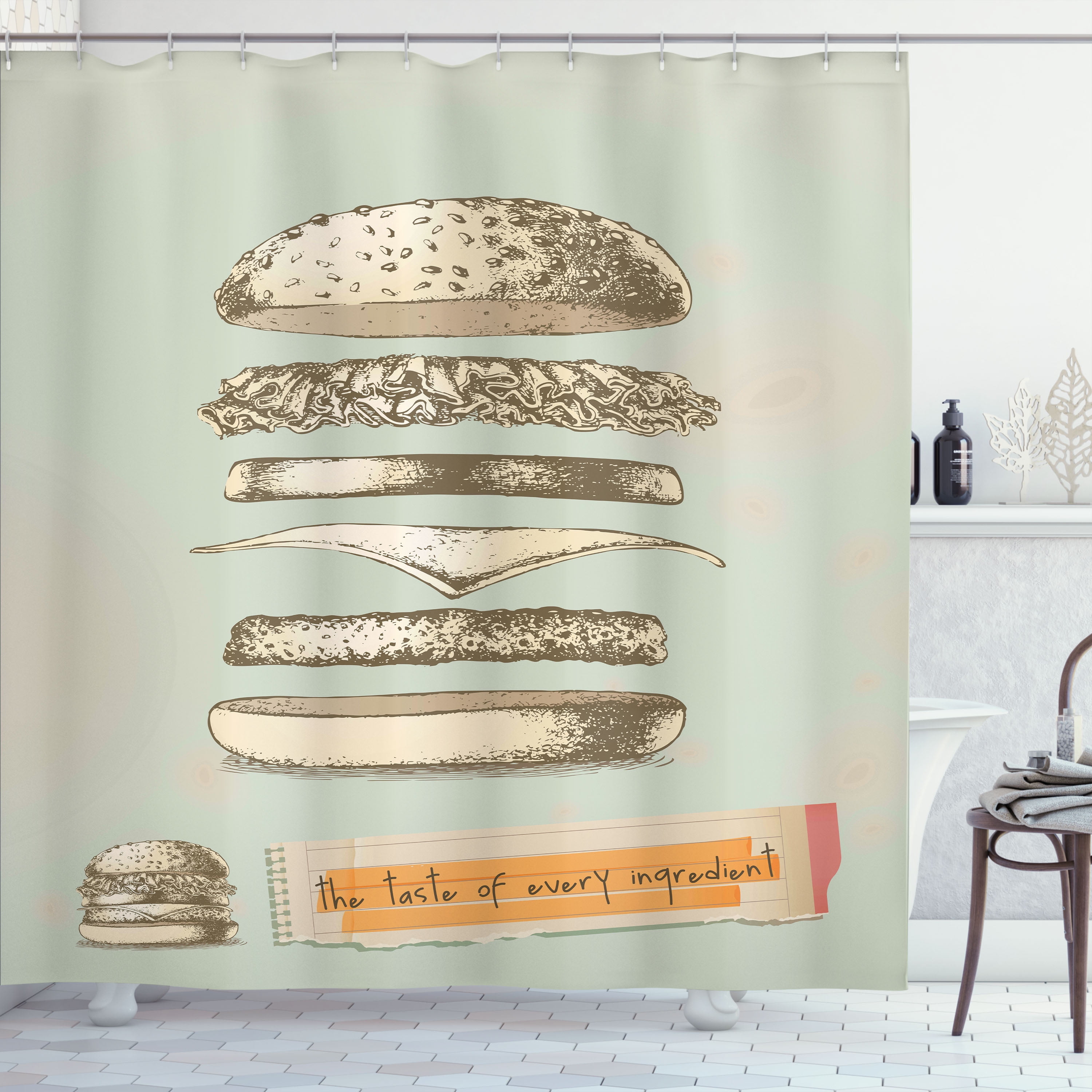 Ambesonne Burger Shower Curtain, Retro Levels of Hamburger, 69"Wx70"L ...