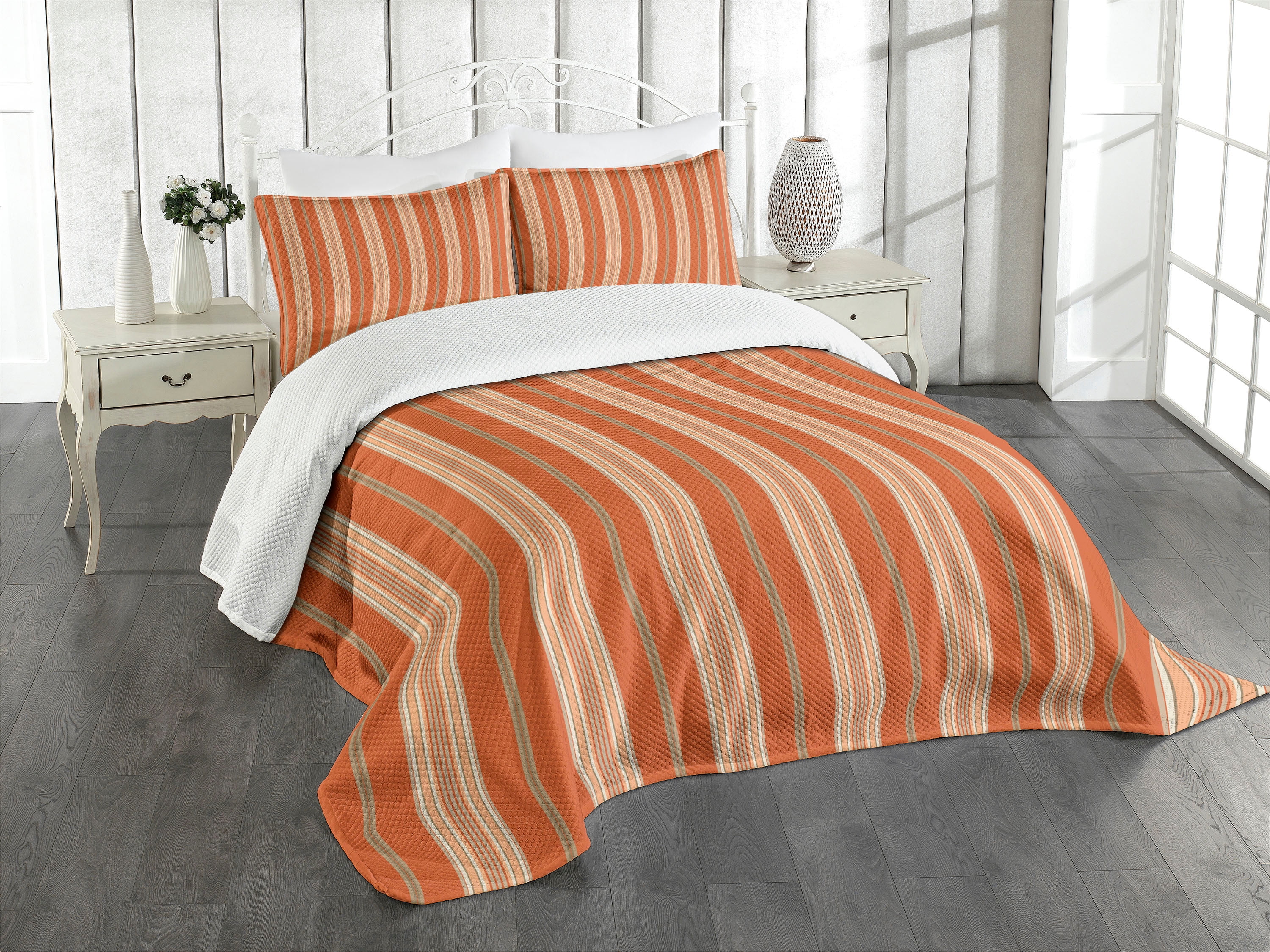 Ambesonne Burnt Orange Quilted Bedspread Set 3 Pcs, Retro Themed ...