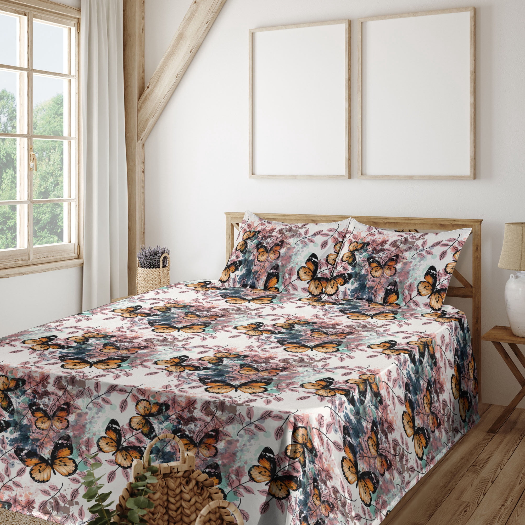 Ambesonne Butterfly Fitted & Flat Sheet with Shams 4 Pcs Set, Monarch W ...