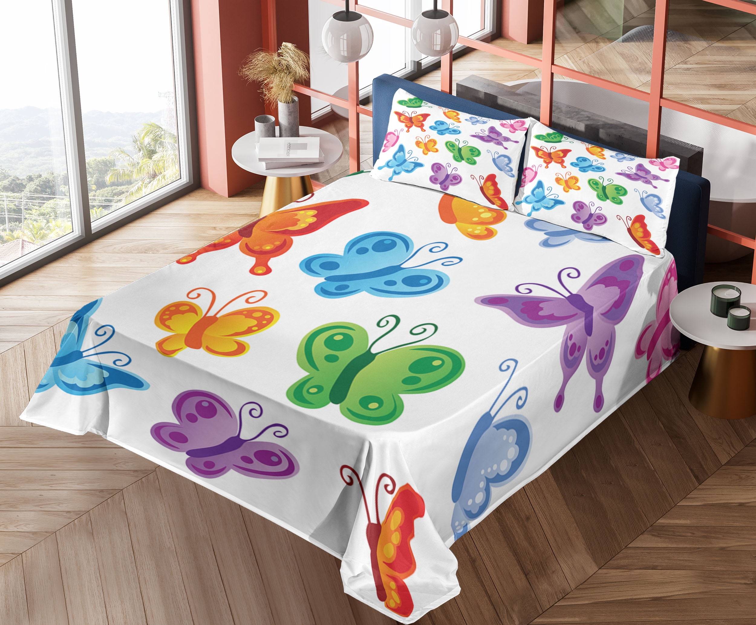 Ambesonne Butterfly Fitted & Top Sheet Set with Shams, Colorful Ornate ...