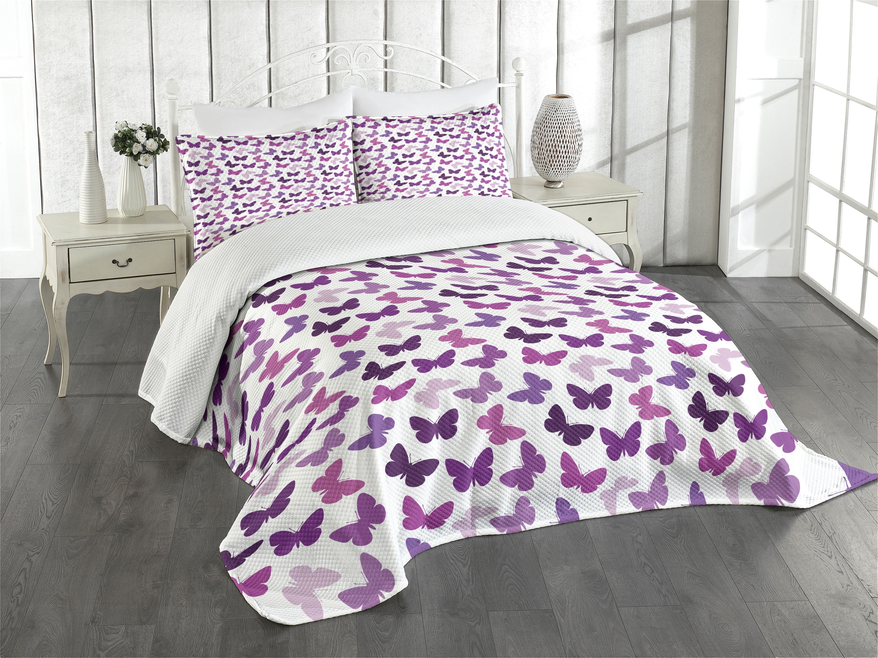 Ambesonne Butterfly Quilted Bedspread Set 3 Pcs, Butterfly Carved Wing ...