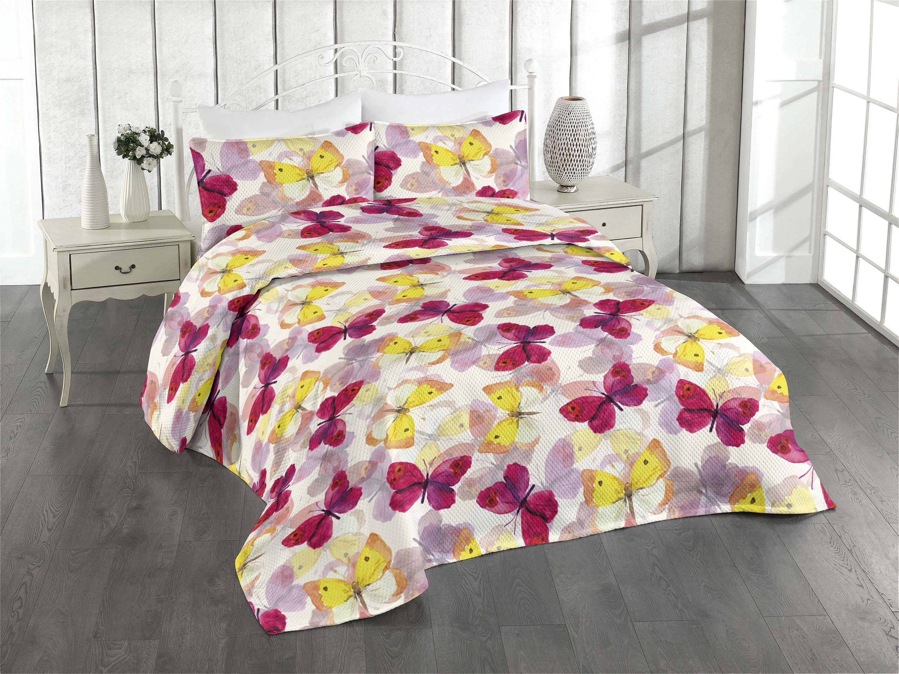 Ambesonne Butterfly Quilted Bedspread Set 3 Pcs, Chill Wings of Spring ...