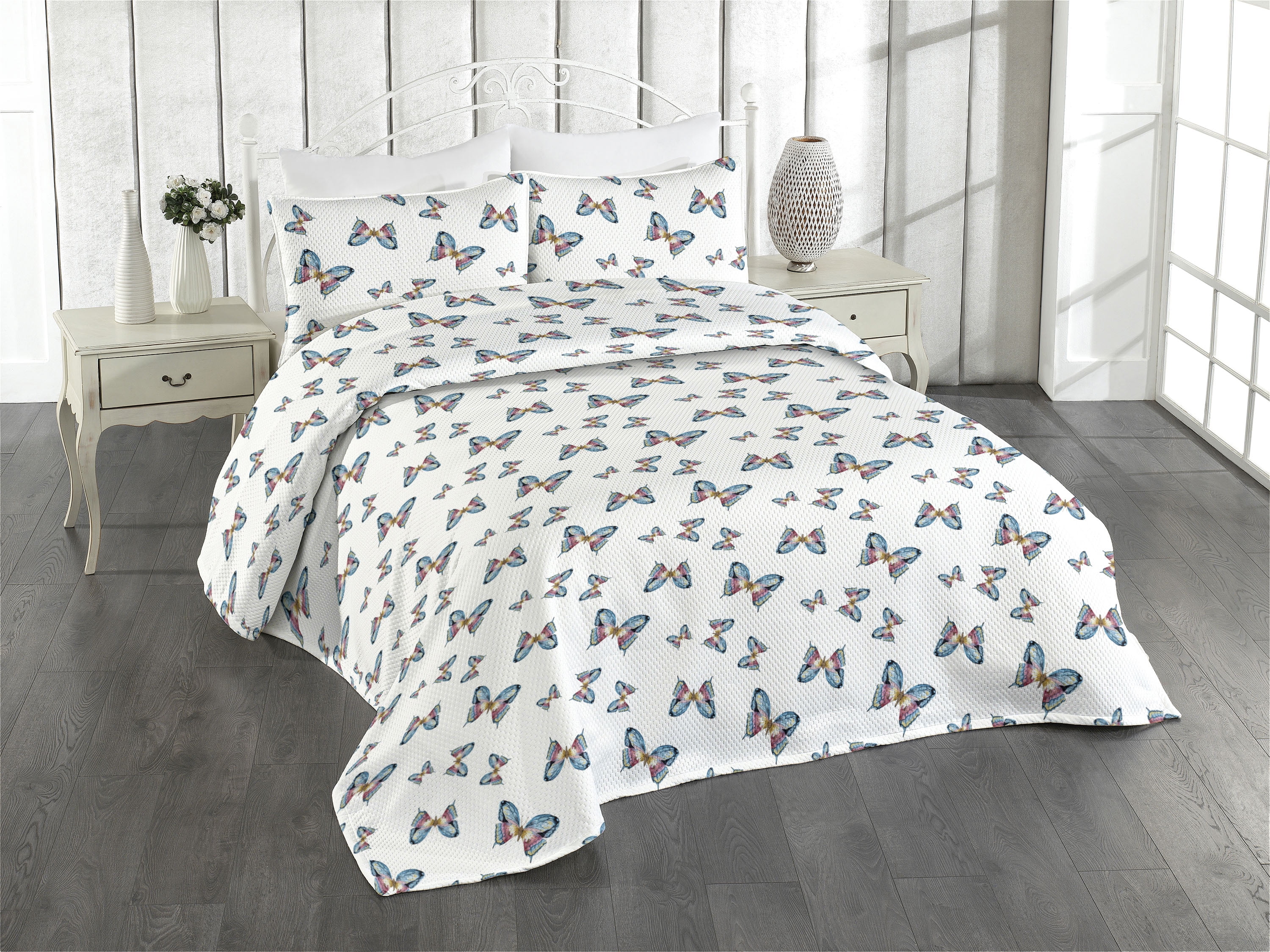 Ambesonne Butterfly Quilted Bedspread Set 3 Pcs, Delicate Monarch Wings ...