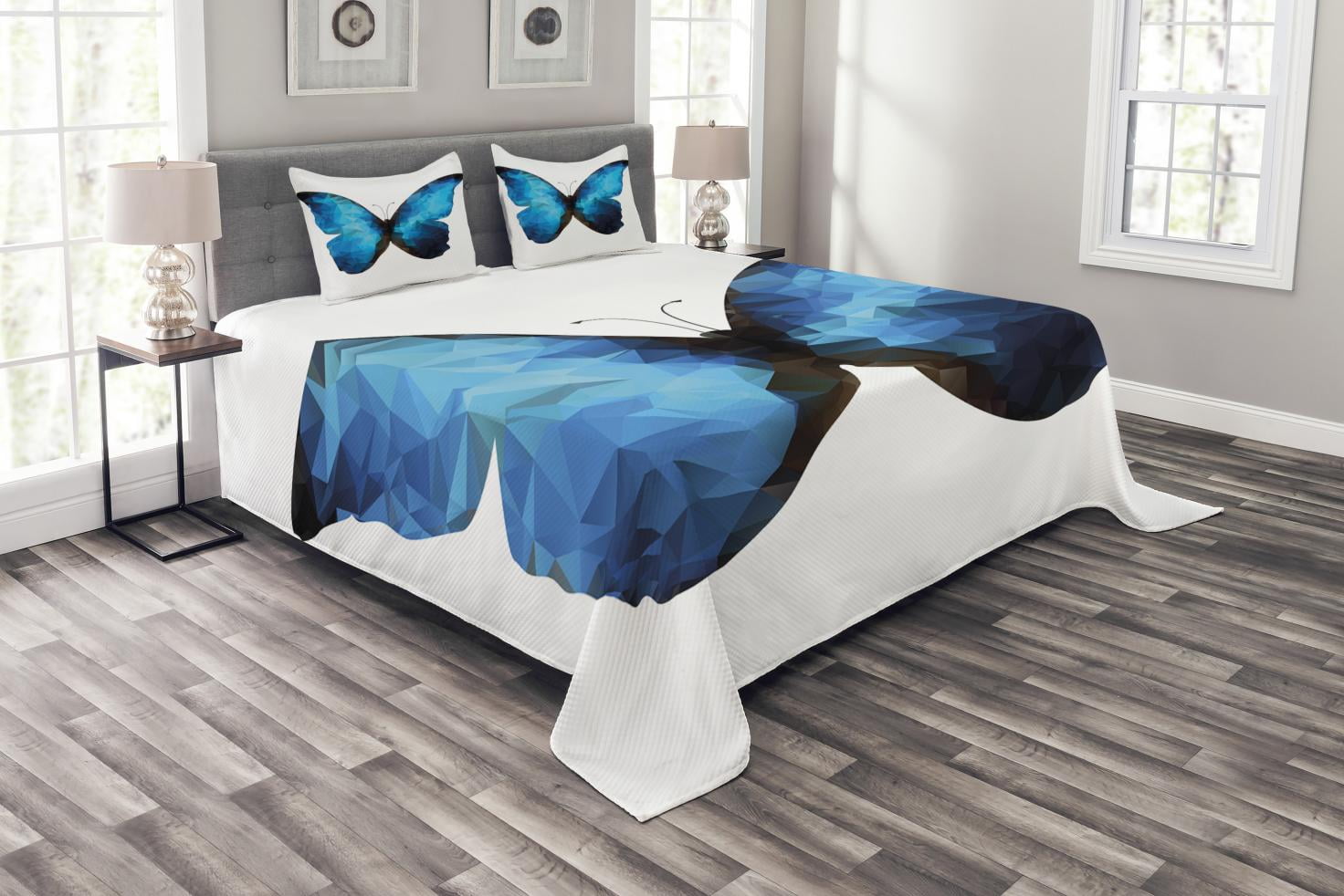 Ambesonne Butterfly Quilted Bedspread Set 3 Pcs, Modern Blue Ombre ...