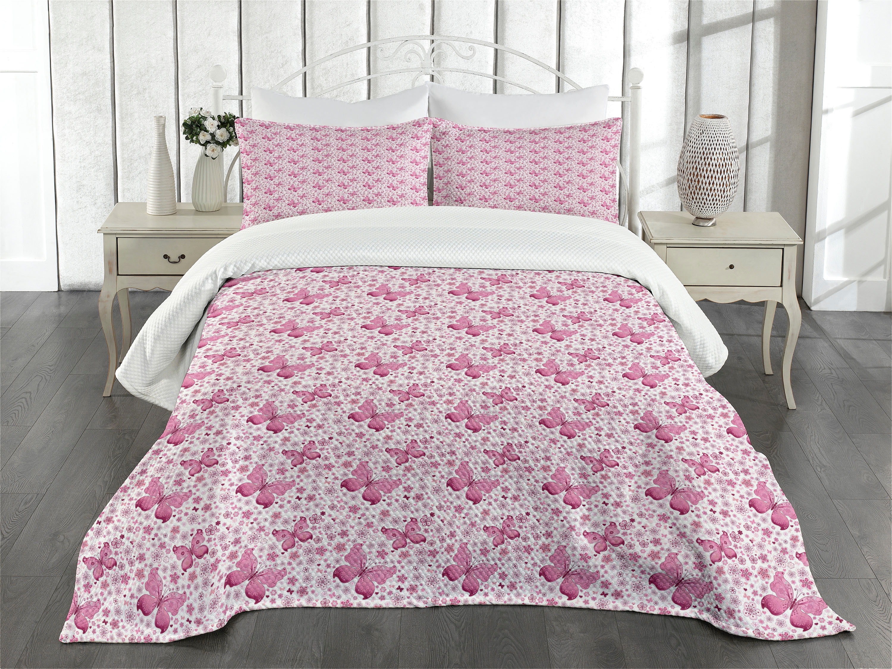 Ambesonne Butterfly Quilted Bedspread Set 3 Pcs, Pink Flowers, King ...