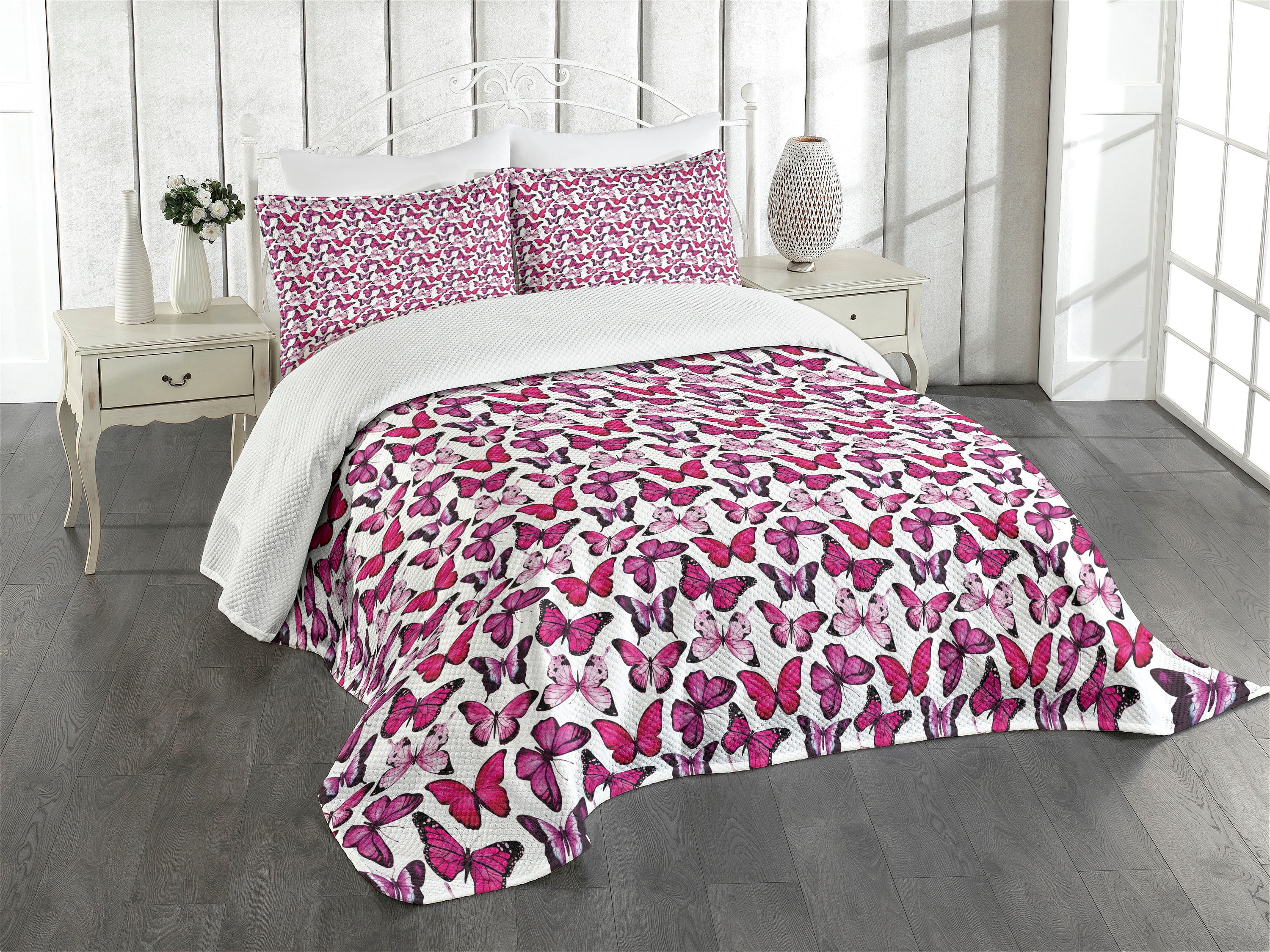 Ambesonne Butterfly Quilted Bedspread Set 3 Pcs, Vibrant Watercolor ...