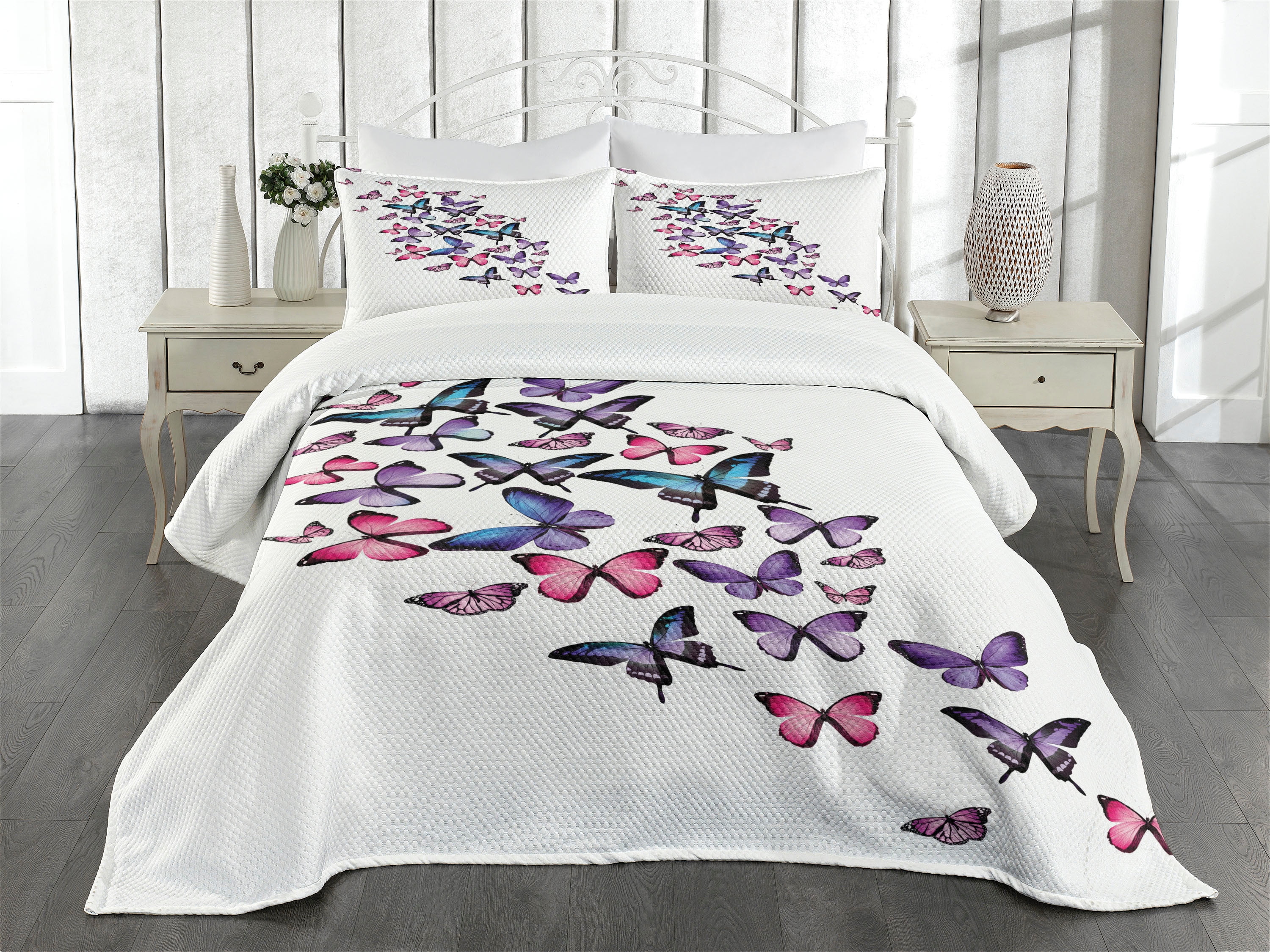 Ambesonne Butterfly Quilted Bedspread Set 3 Pcs, Wings Feminine, Queen ...
