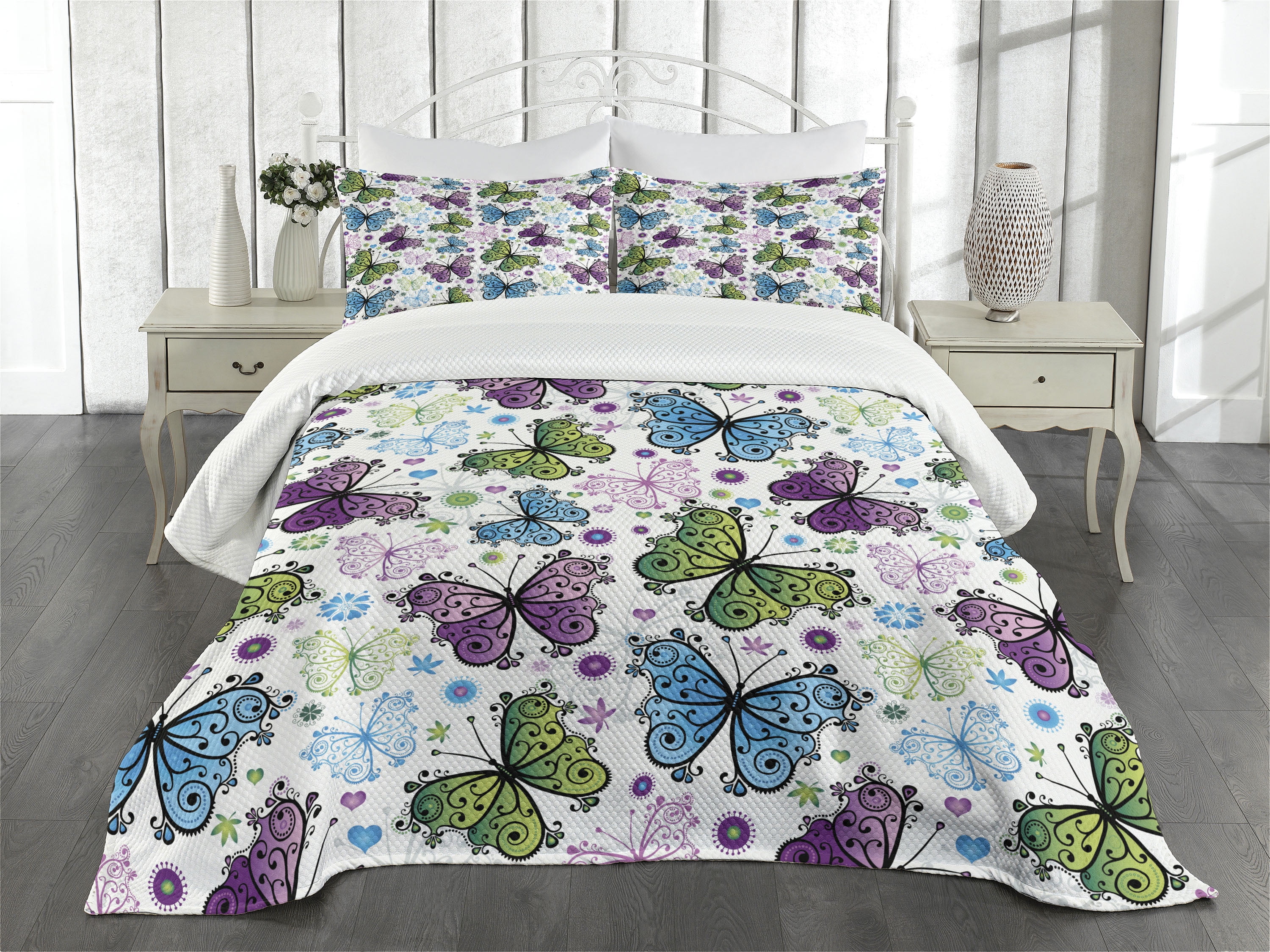 Ambesonne Butterfly Quilted Bedspread Set 3 Pcs, Wings Hearts and Dots ...