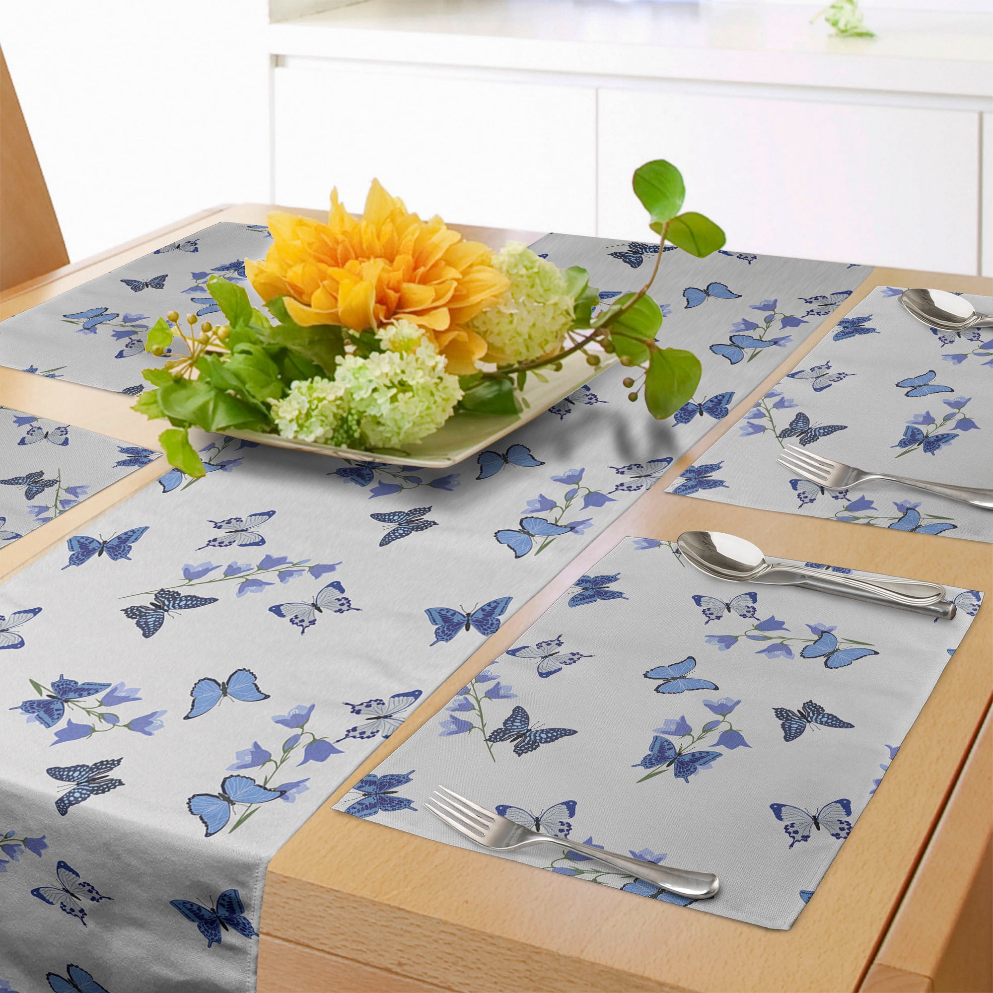 Ambesonne Butterfly Table Runner & Placemats, Bluebell Flowers Moths ...