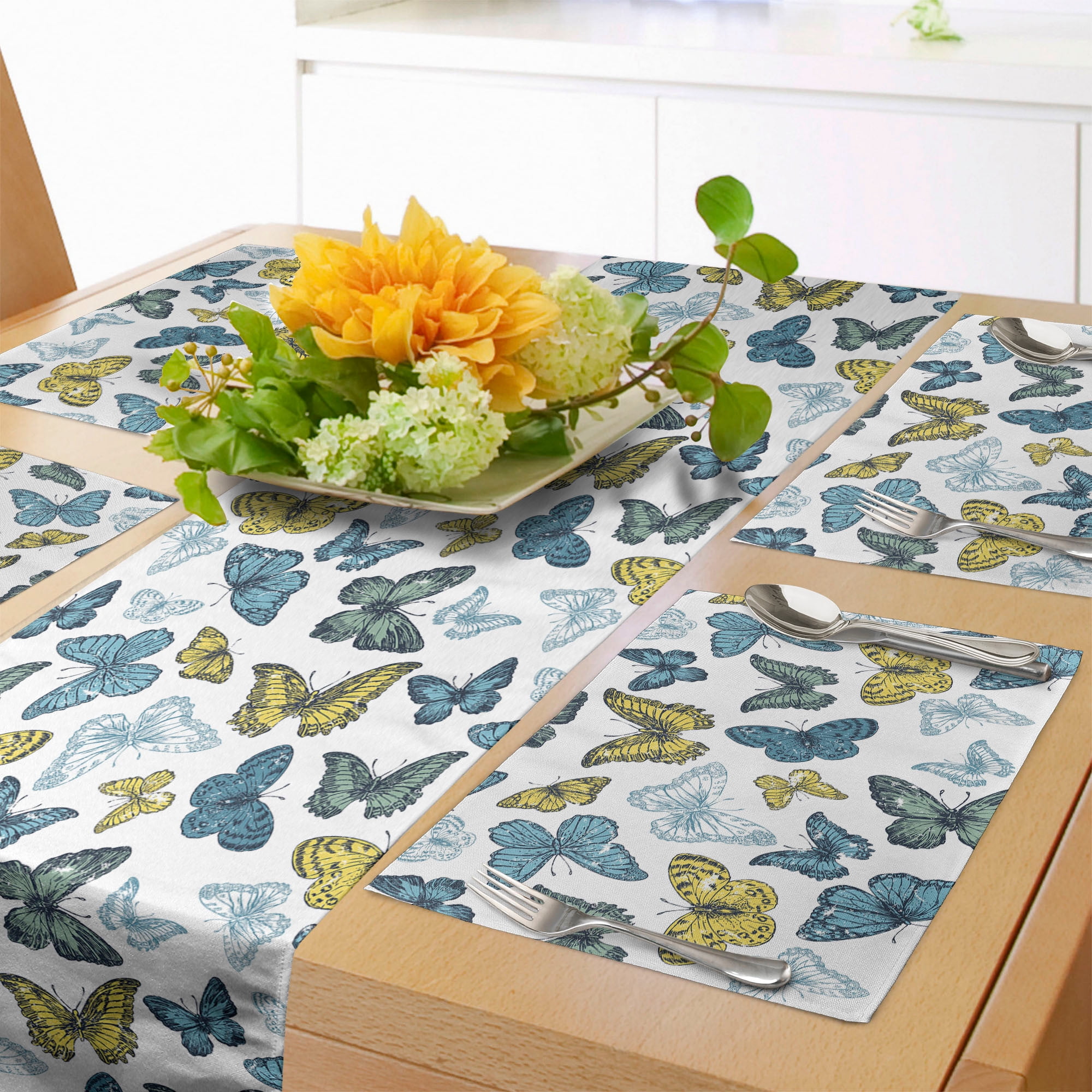 Ambesonne Butterfly Table Runner & Placemats, Delicate Insect Spring ...