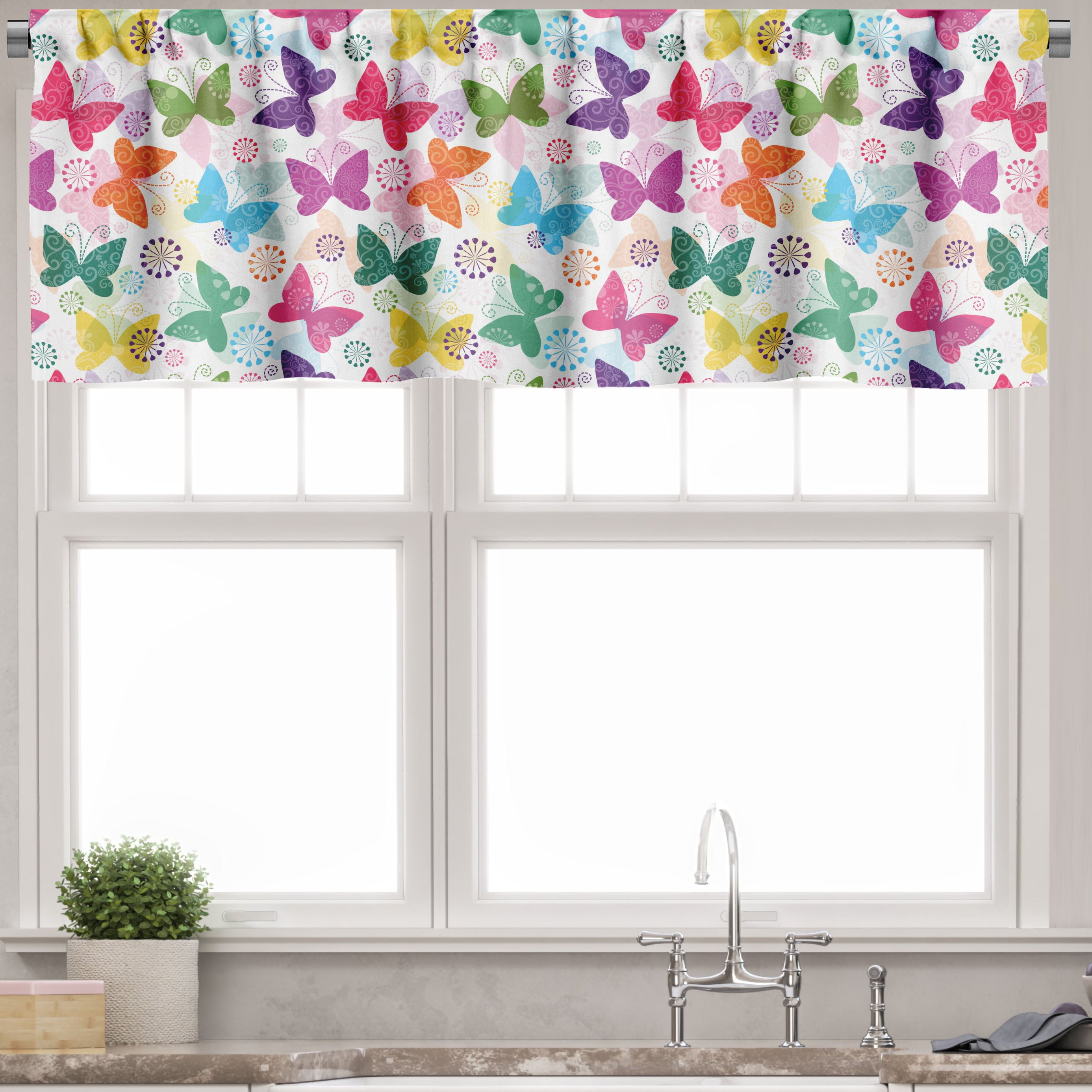 Ambesonne Butterfly Window Valance, Vibrant Floral Happy, 54" X 18 ...