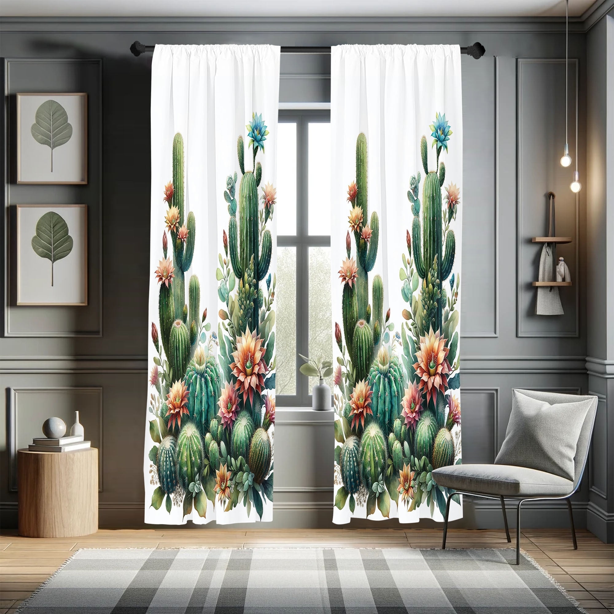 Ambesonne Cactus Curtains 2 Panel Set, Wilderness Flowers Jungle, Pair ...