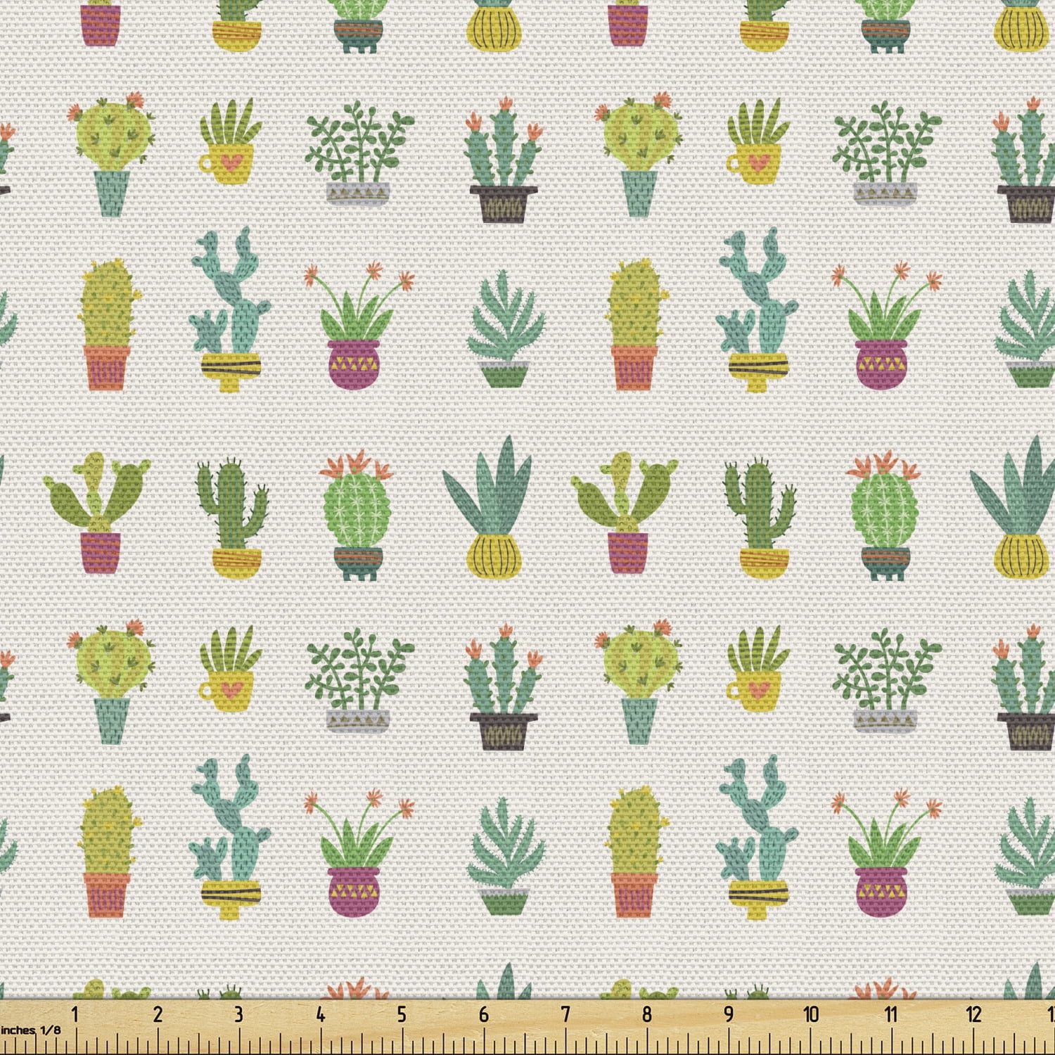 Ambesonne Cactus Fabric by the Yard Upholstery, Flower Cacti in Pots ...