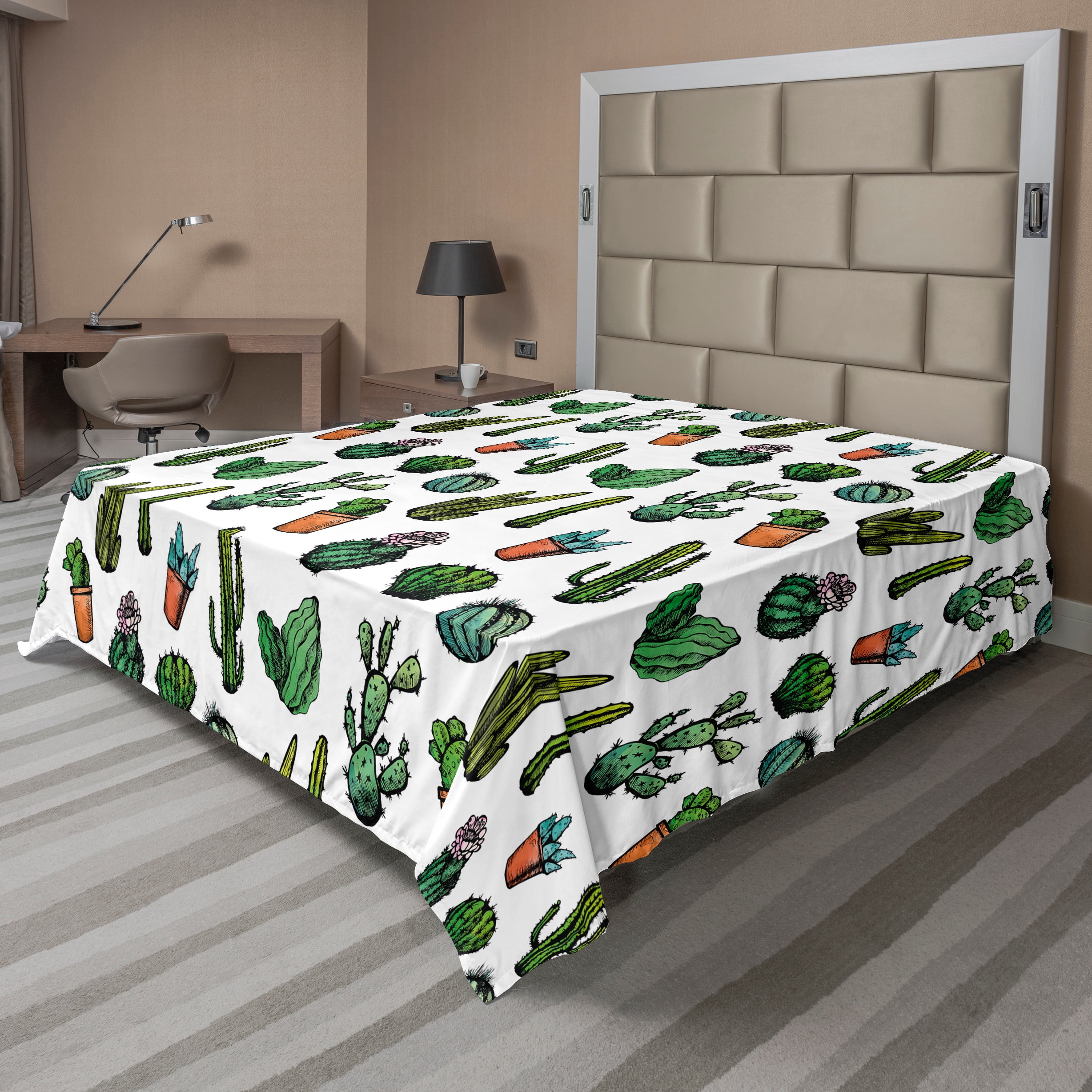 Ambesonne Cactus Flat Sheet, Spiked Cacti Pots Art, Queen Size ...