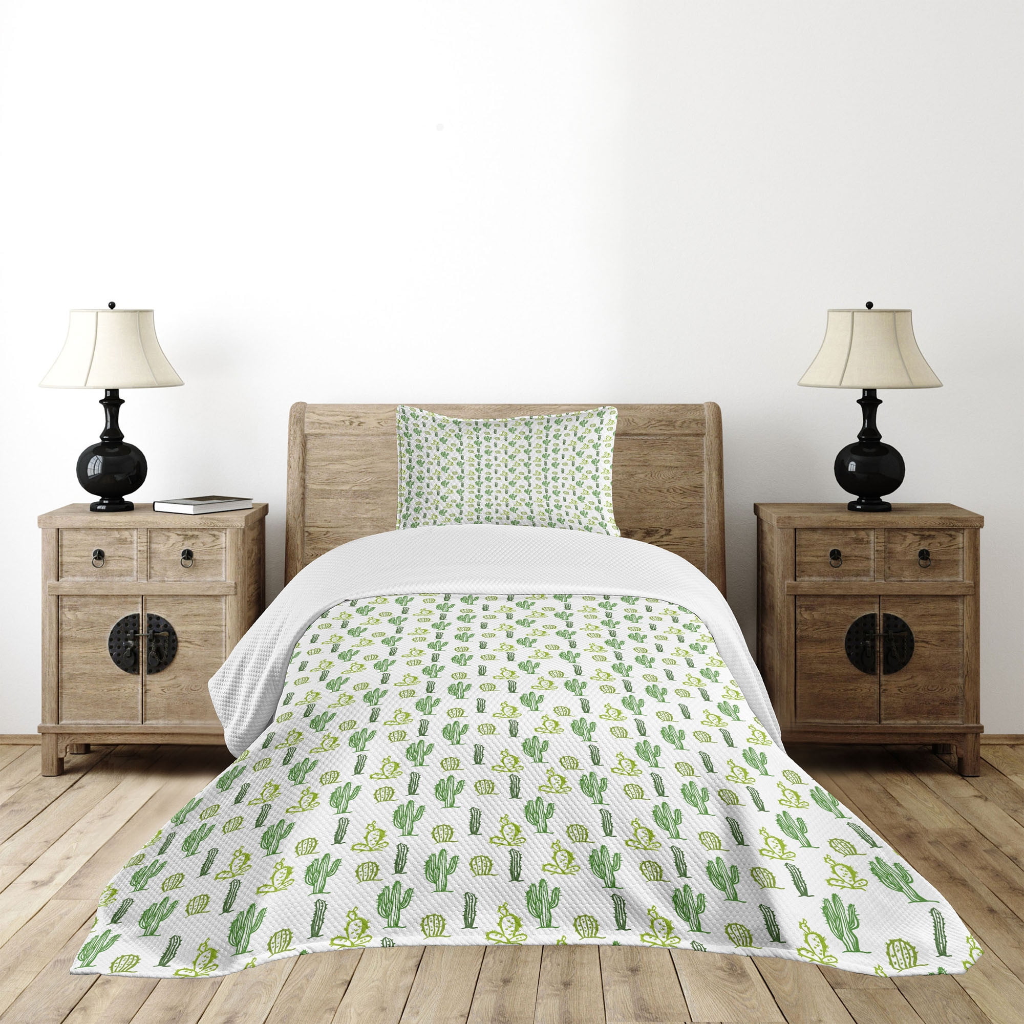 Ambesonne Cactus Quilted Bedspread Set 2 Pcs, Cartoon Doodle Flora ...