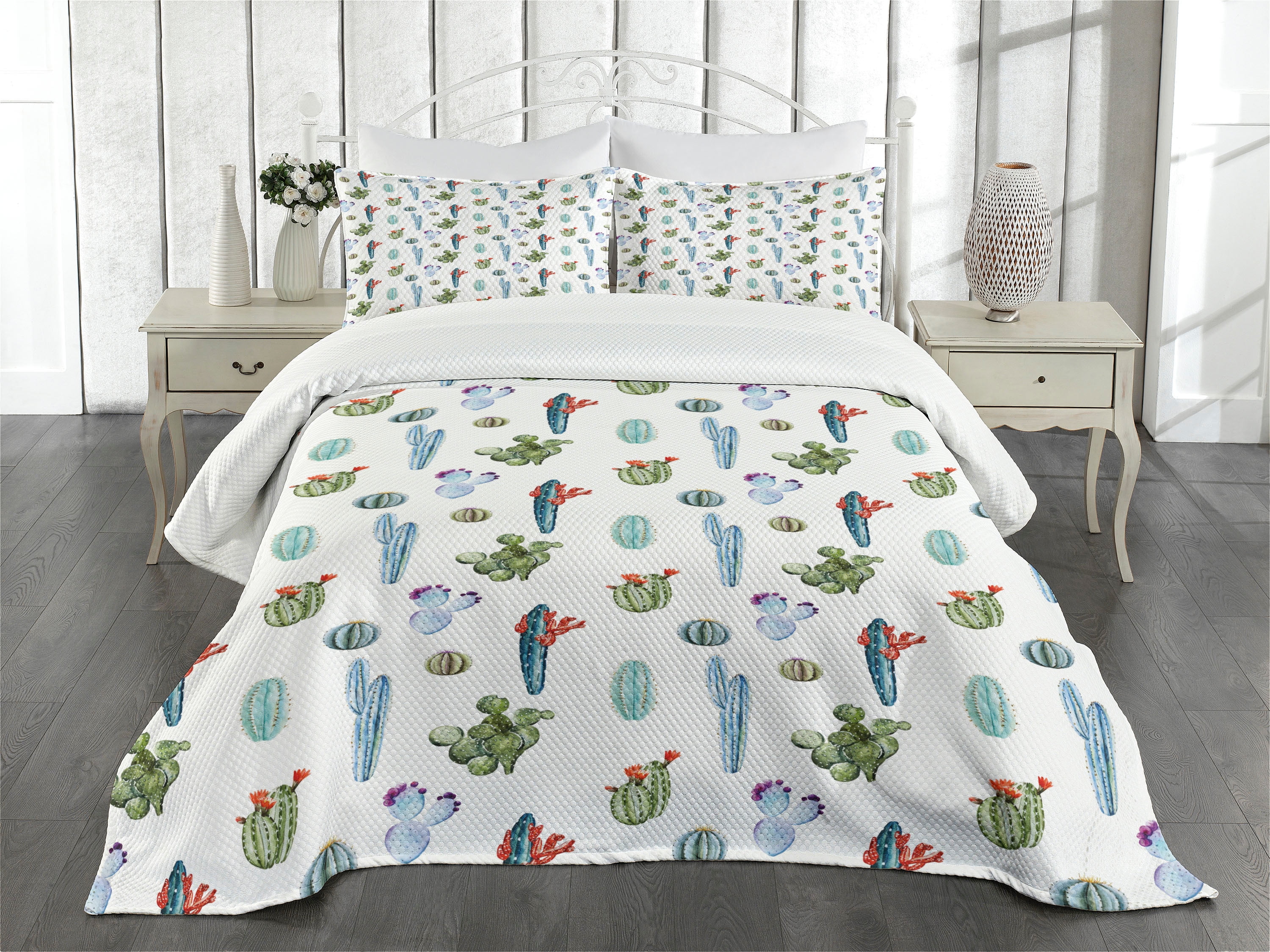 Ambesonne Cactus Quilted Bedspread Set 3 Pcs, Blossomin Watercolor ...